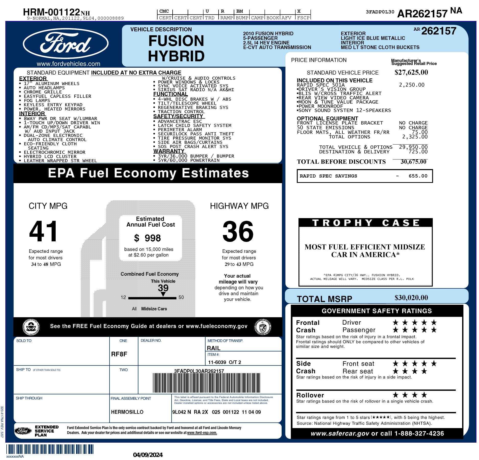 Window Sticker for 2010 Ford Fusion 4dr Sdn Hybrid Fwd