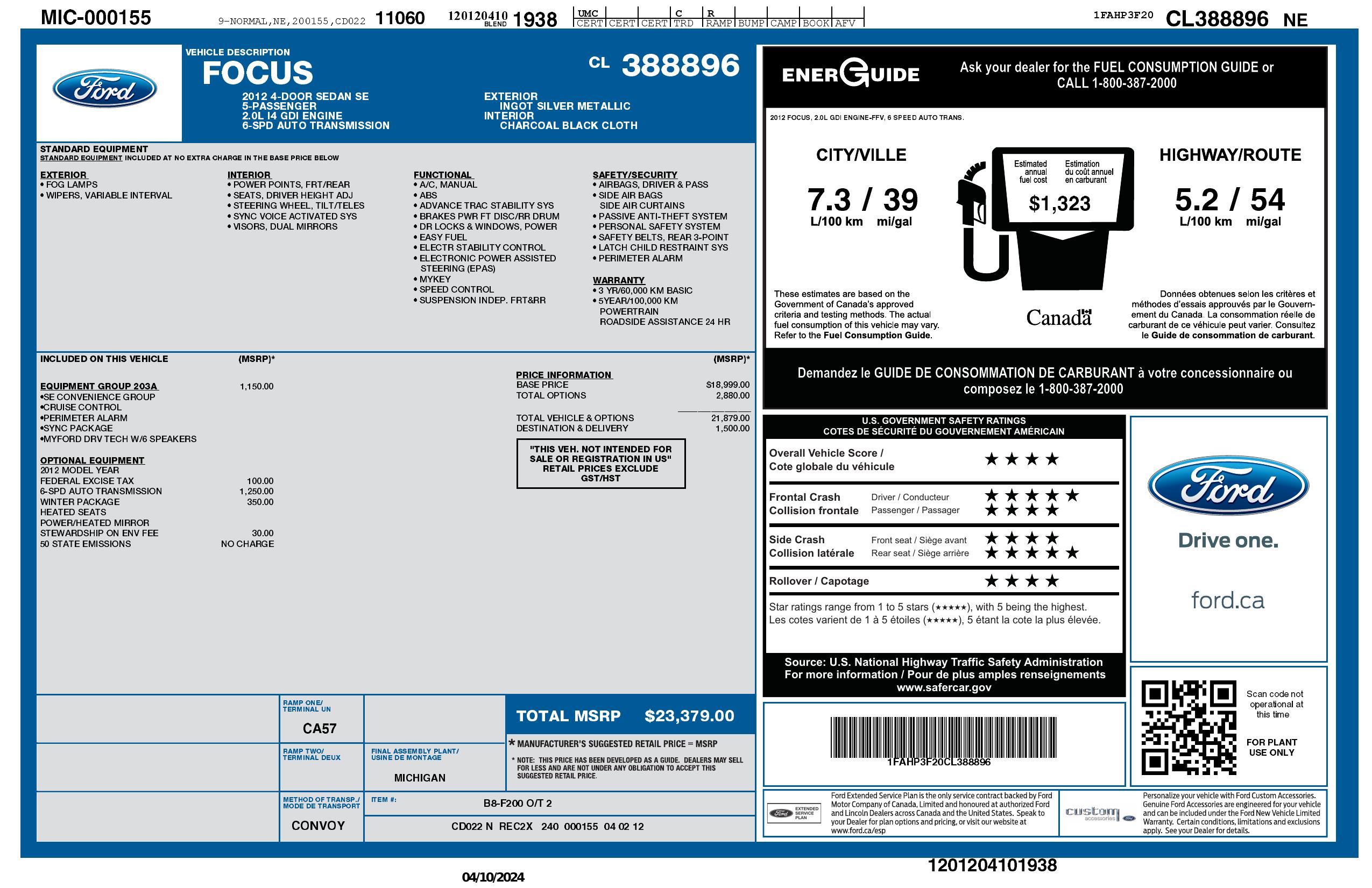 Window Sticker for 2012 Ford Focus 4dr Sdn Se