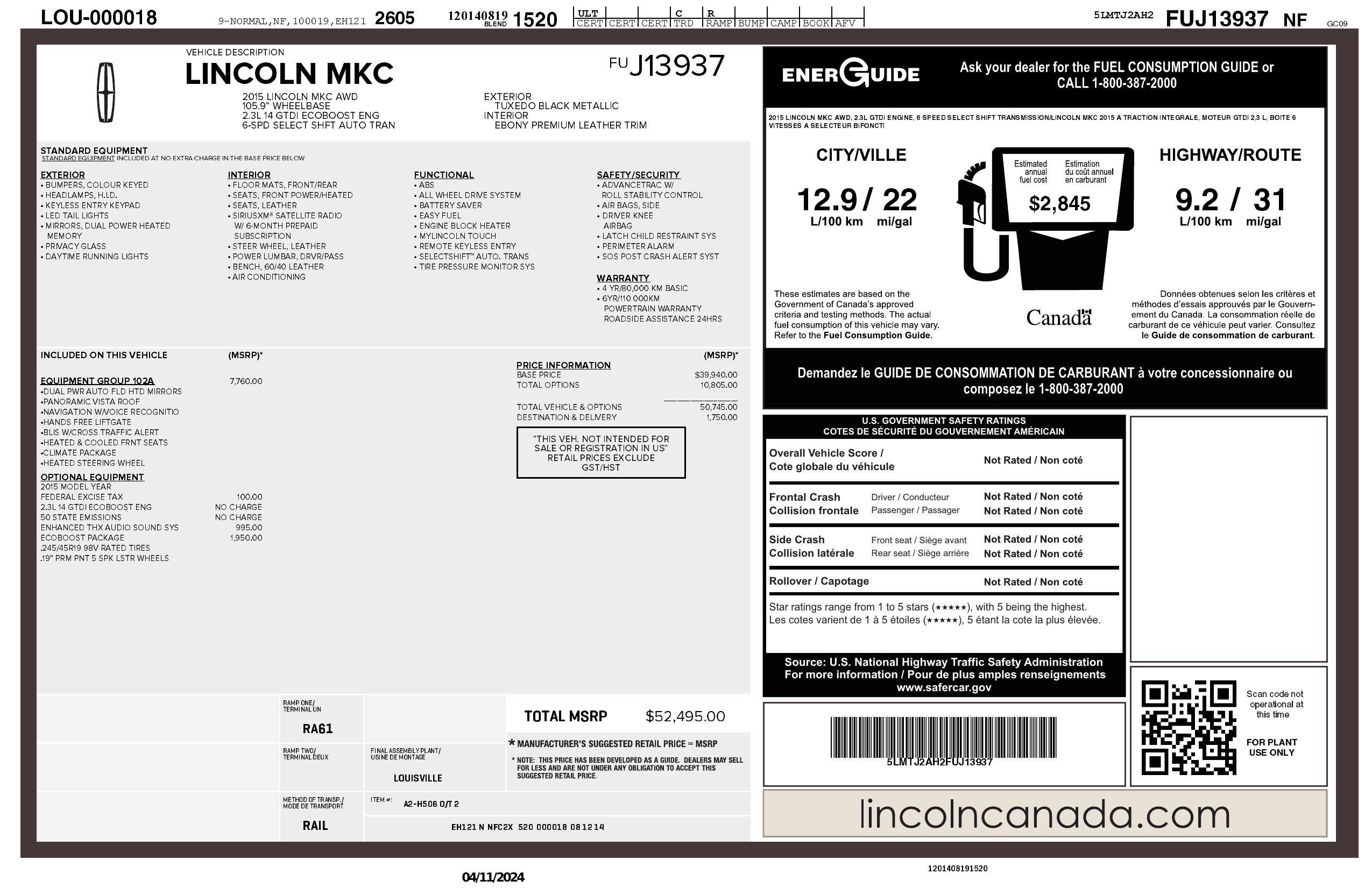 Window Sticker for 2015 Lincoln Mkc Awd 4dr