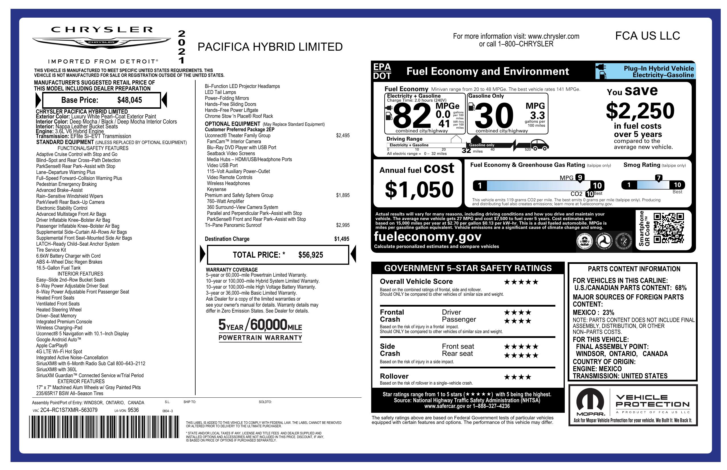 Window Sticker for 2021 Chrysler Pacifica Hybrid Limited Fwd