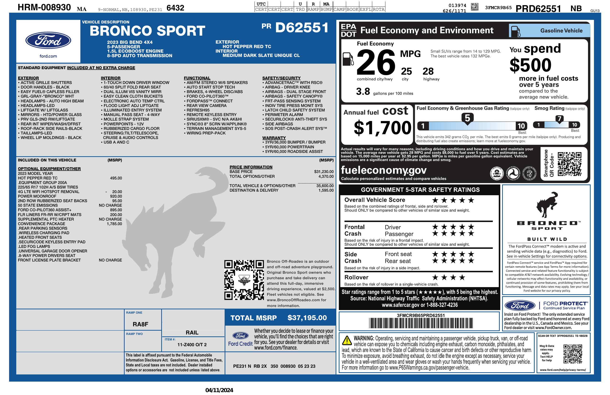 Window Sticker for 2023 Ford Bronco Sport Big Bend 4x4