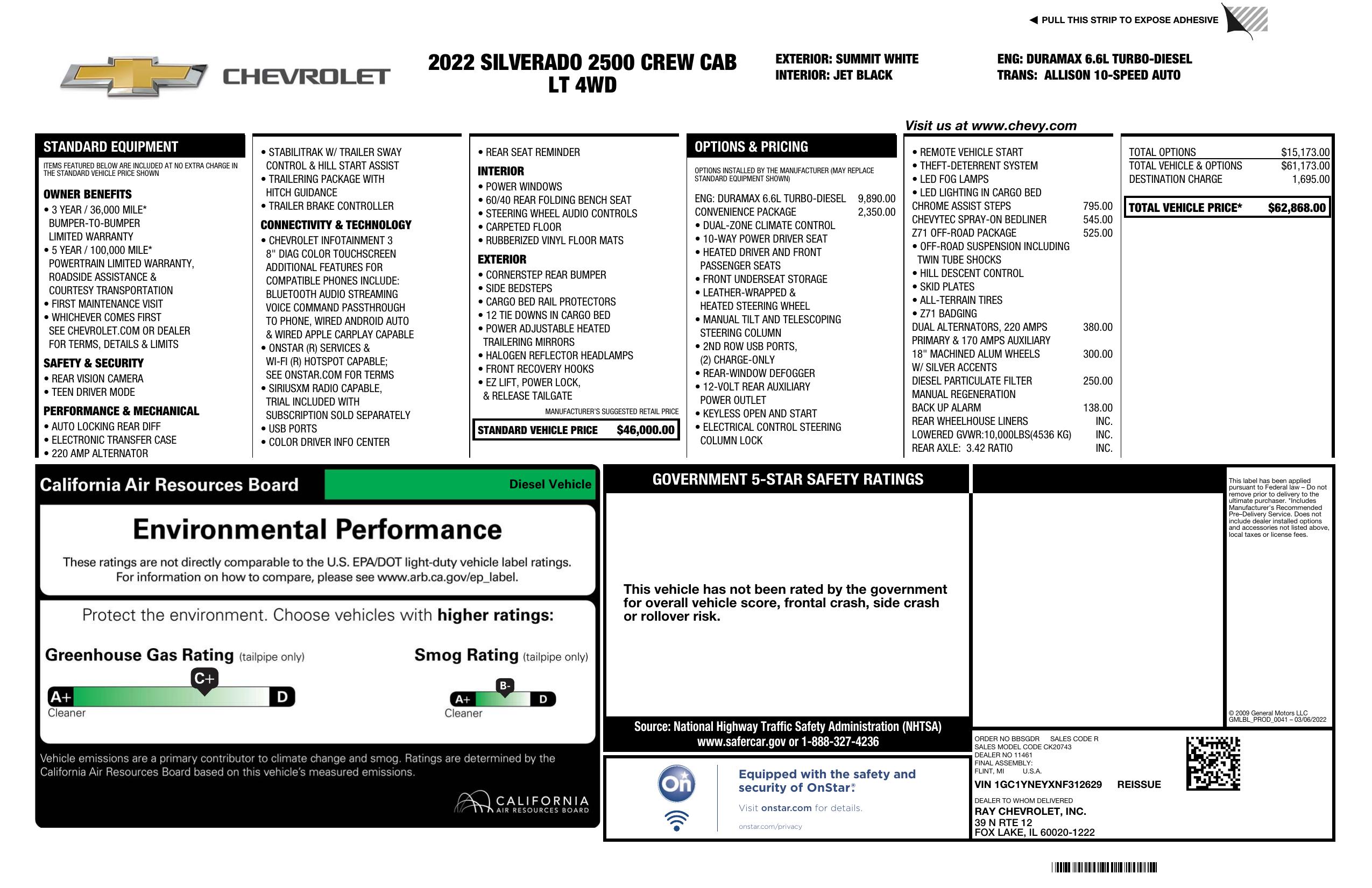 Window Sticker for 2022 Chevrolet Silverado 2500 Hd 4 Wd Crew Cab 159" Lt
