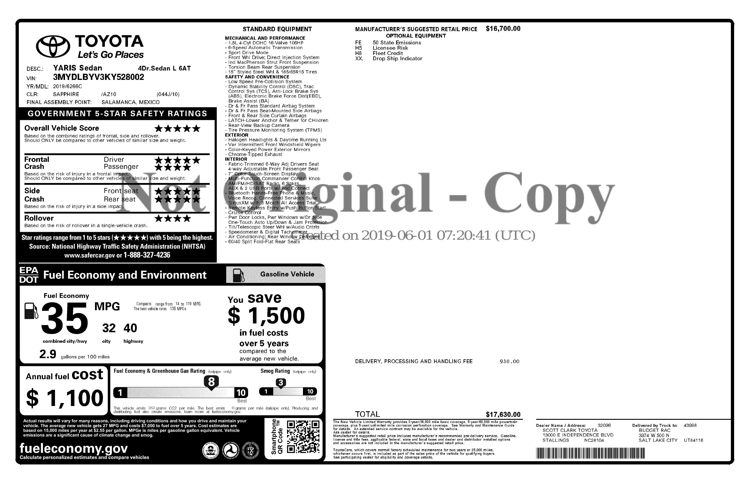 Window Sticker for 2019 Toyota Yaris Sedan (Natl)