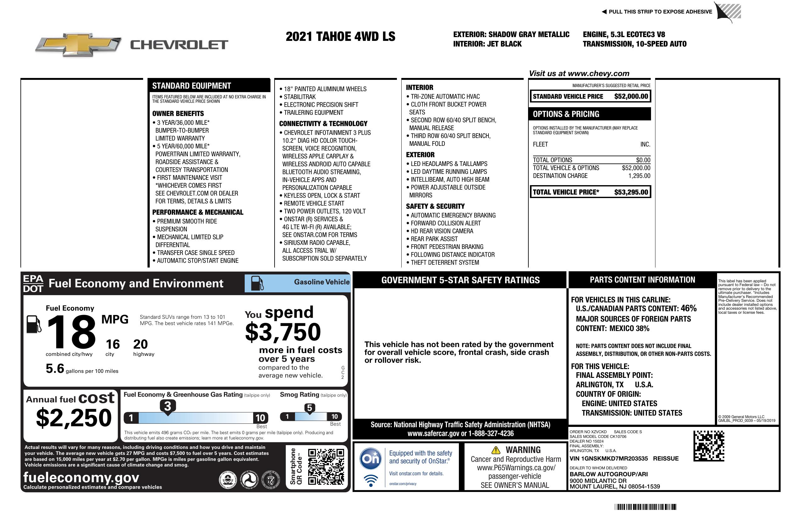 Window Sticker for 2021 Chevrolet Tahoe 4 Wd 4dr Ls