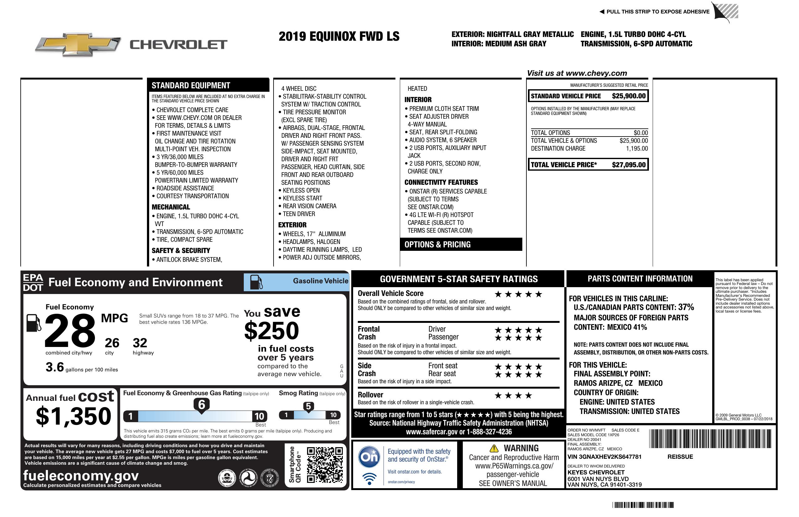 Window Sticker for 2019 Chevrolet Equinox Fwd 4dr Ls W/1 Ls