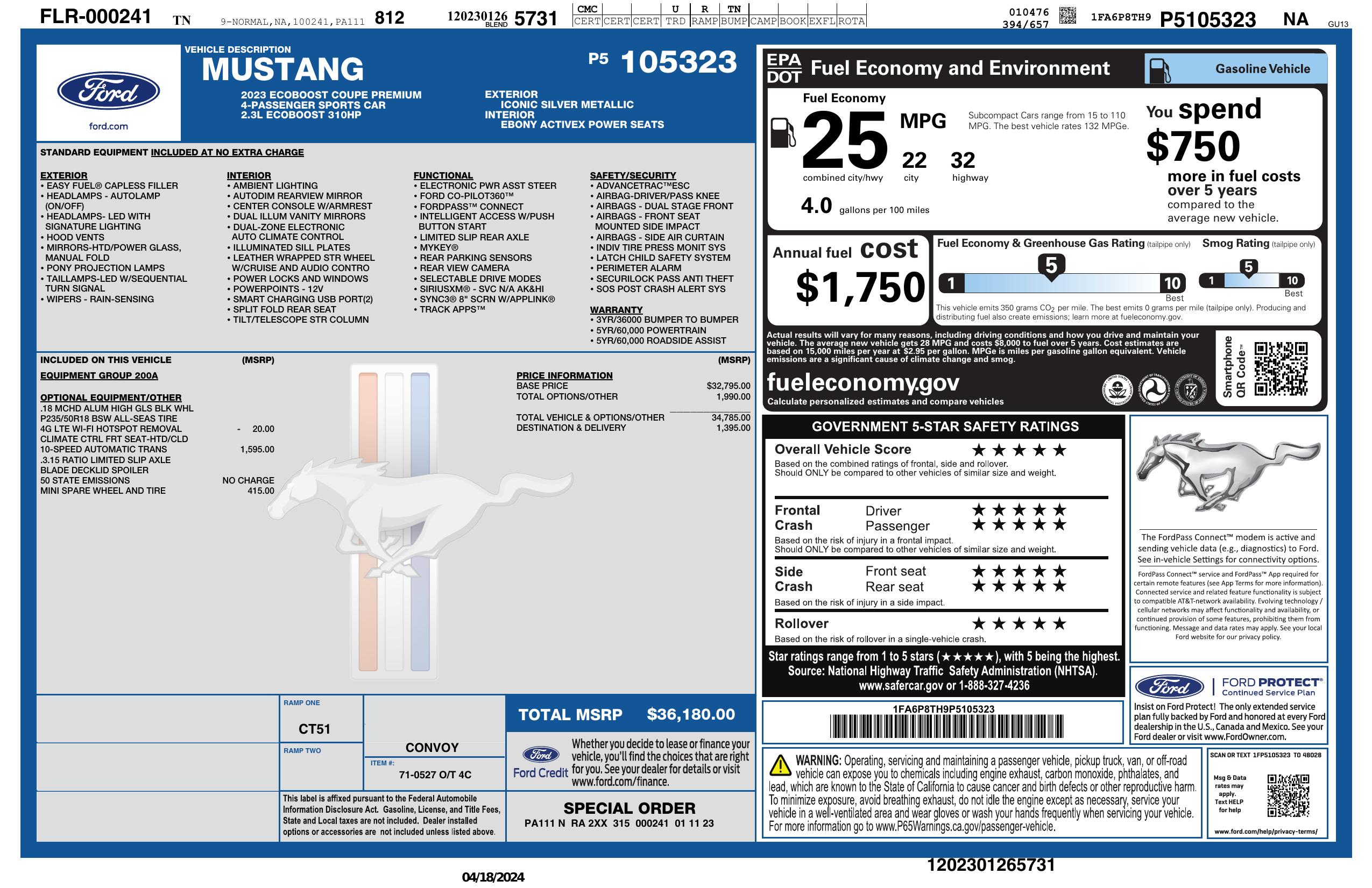 Window Sticker for 2023 Ford Mustang Eco Boost Fastback