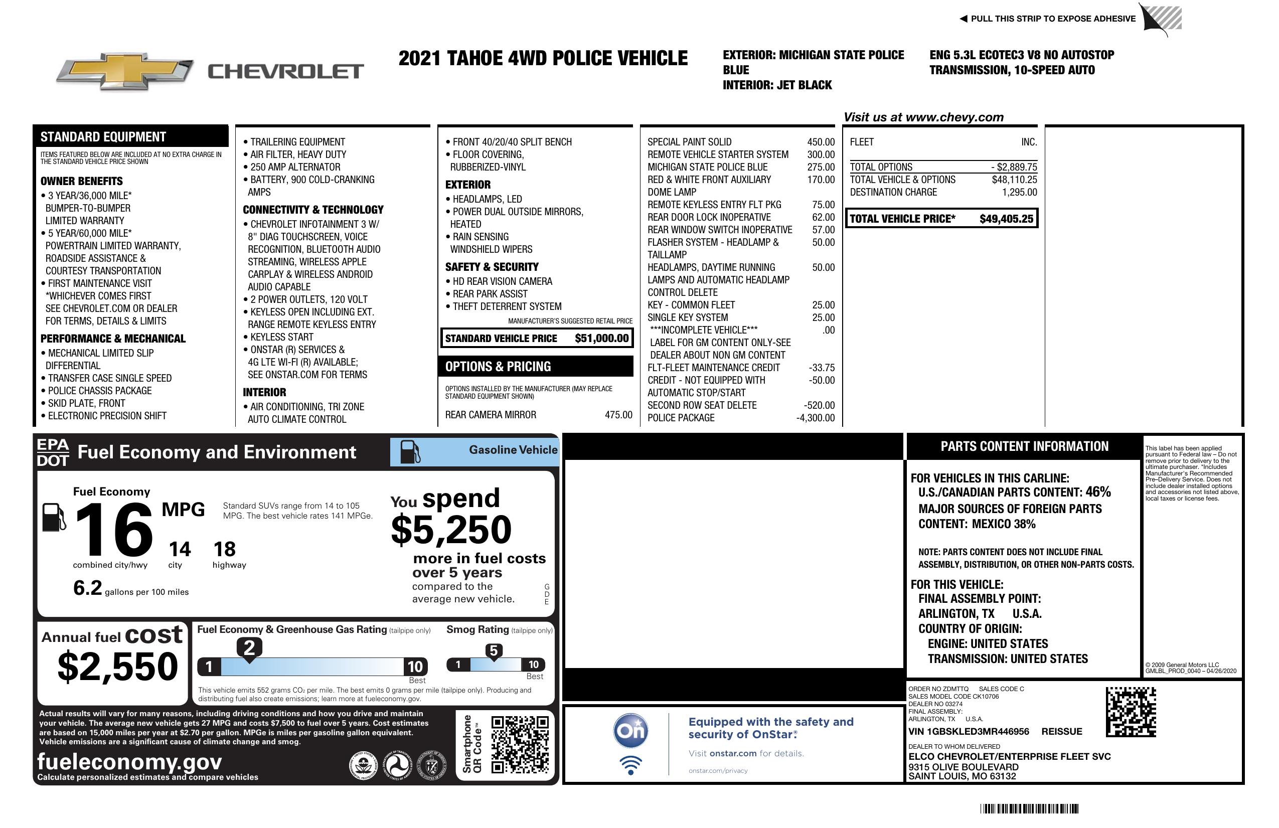 Window Sticker for 2021 Chevrolet Tahoe 4 Wd 4dr Commercial