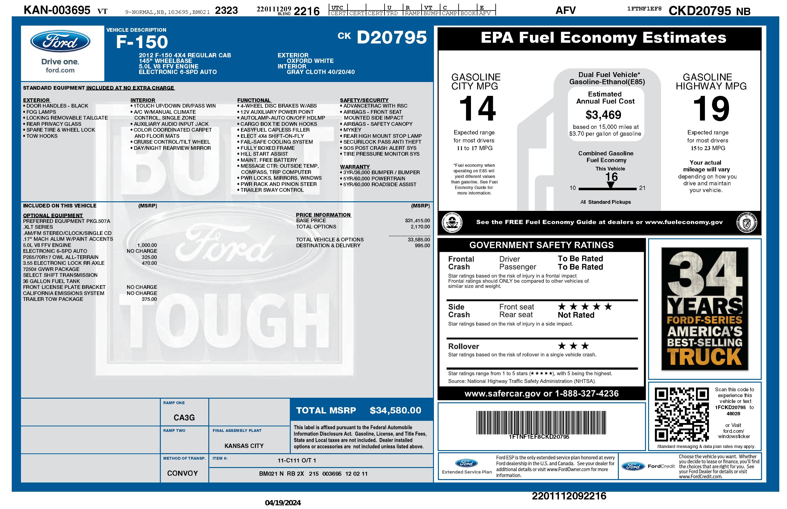 Window Sticker for 2012 Ford F 150 4 Wd Reg Cab 145" Xlt