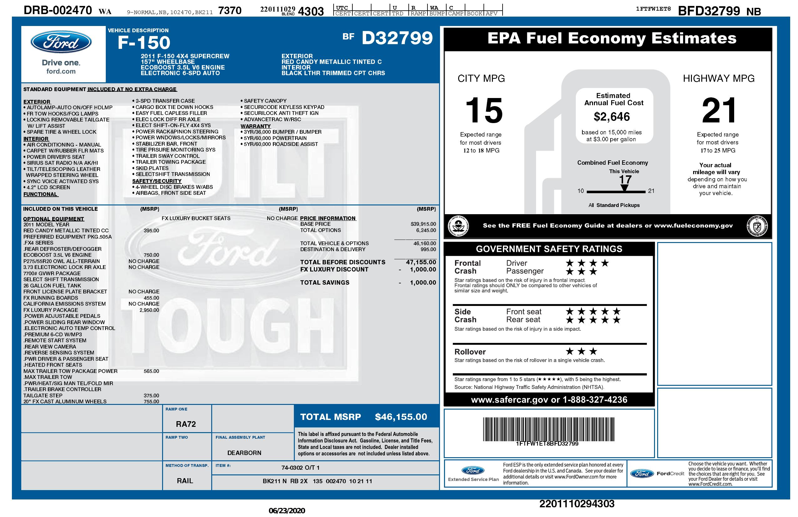 Window Sticker for 2011 Ford F 150 4 Wd Super Crew