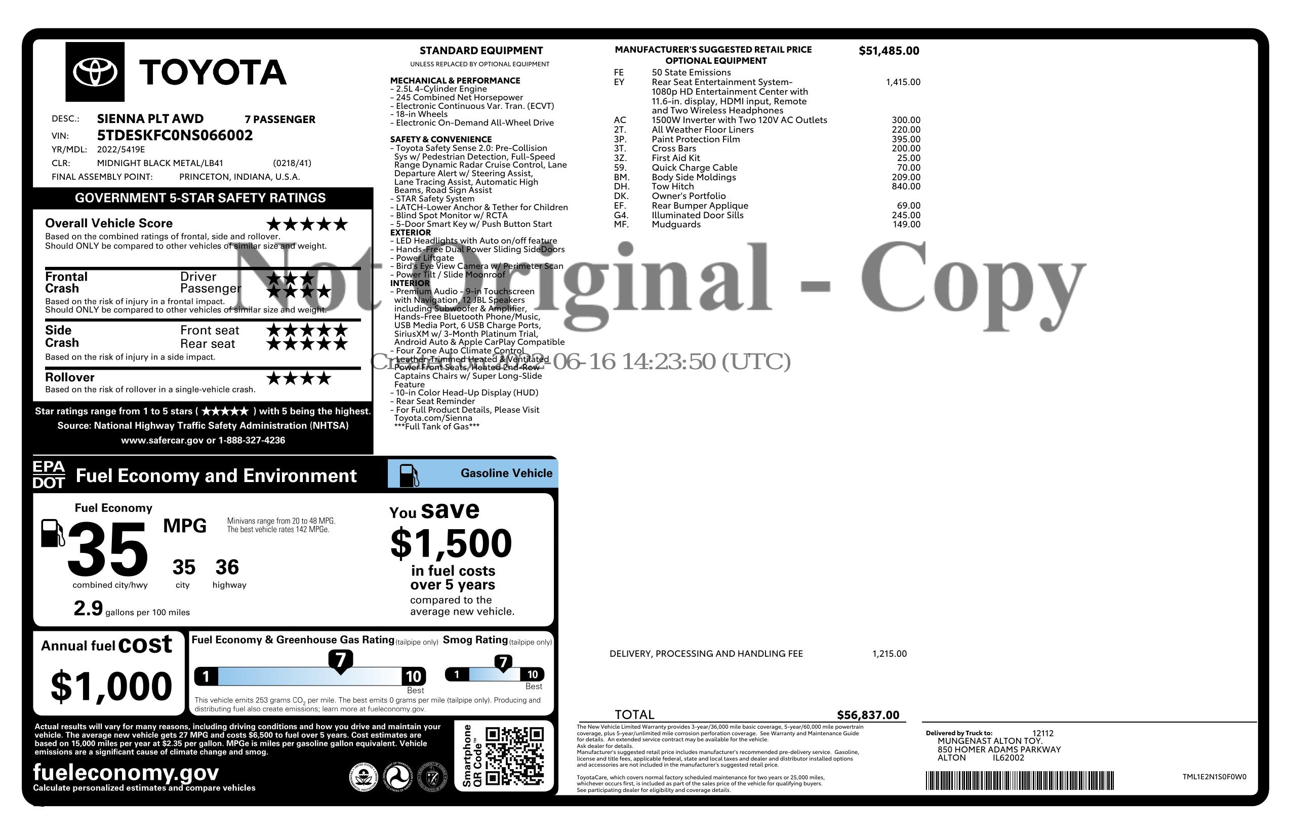 Window Sticker for 2022 Toyota Sienna Platinum Awd 7 Passenger (Natl)