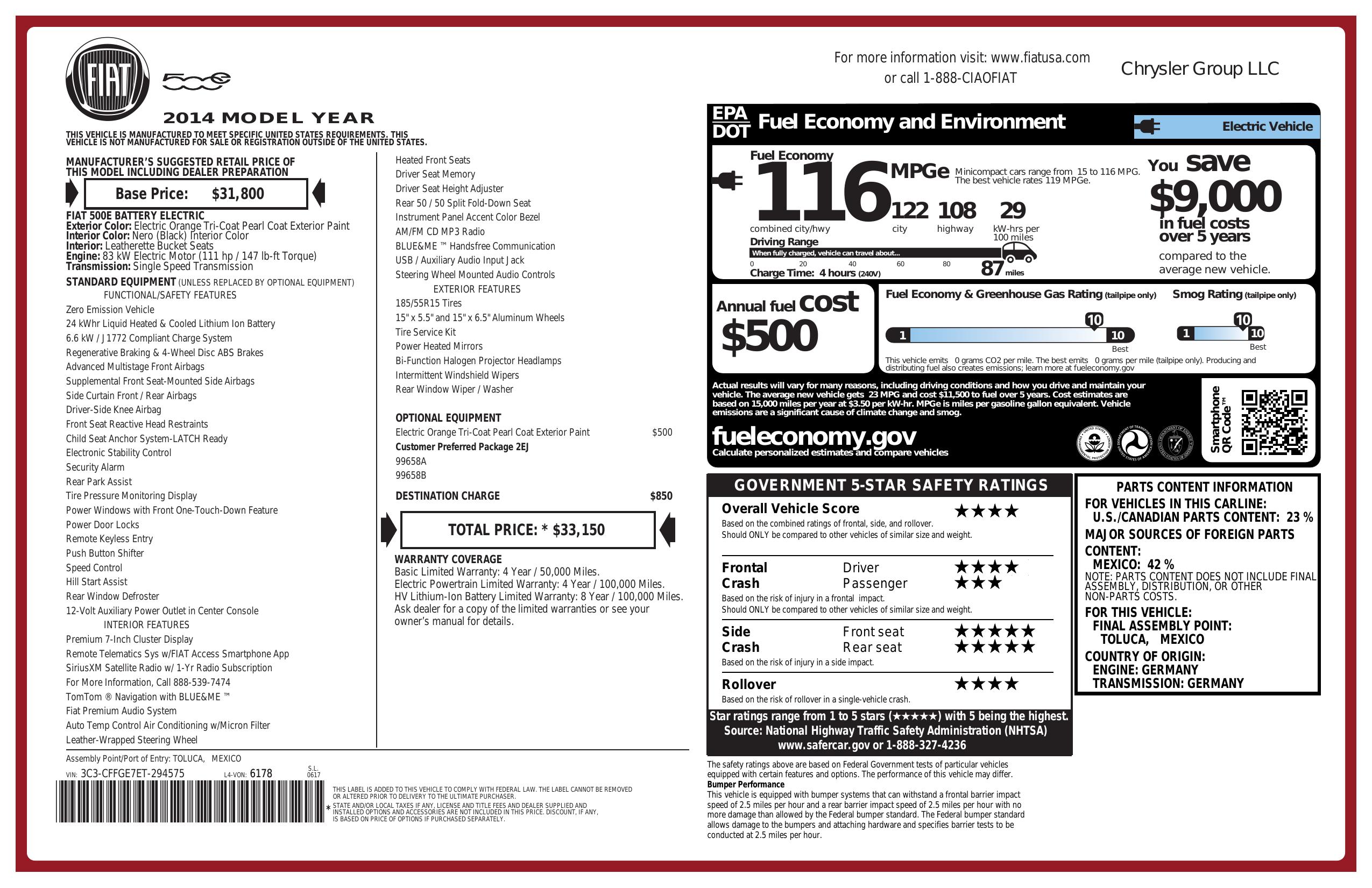 Window Sticker for 2014 Fiat 500e 2dr Hb Battery Electric
