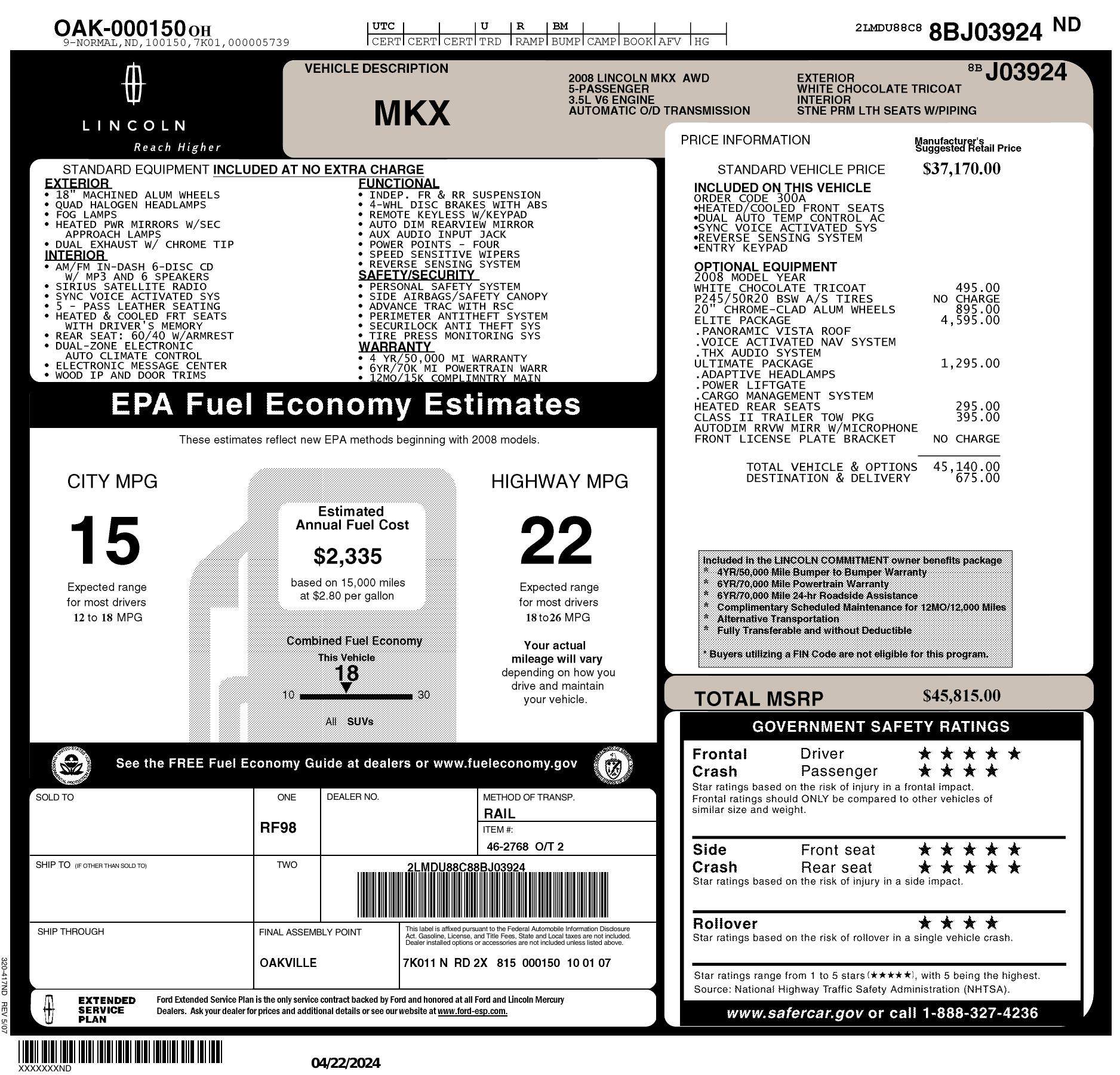 Window Sticker for 2008 Lincoln Mkx Awd 4dr