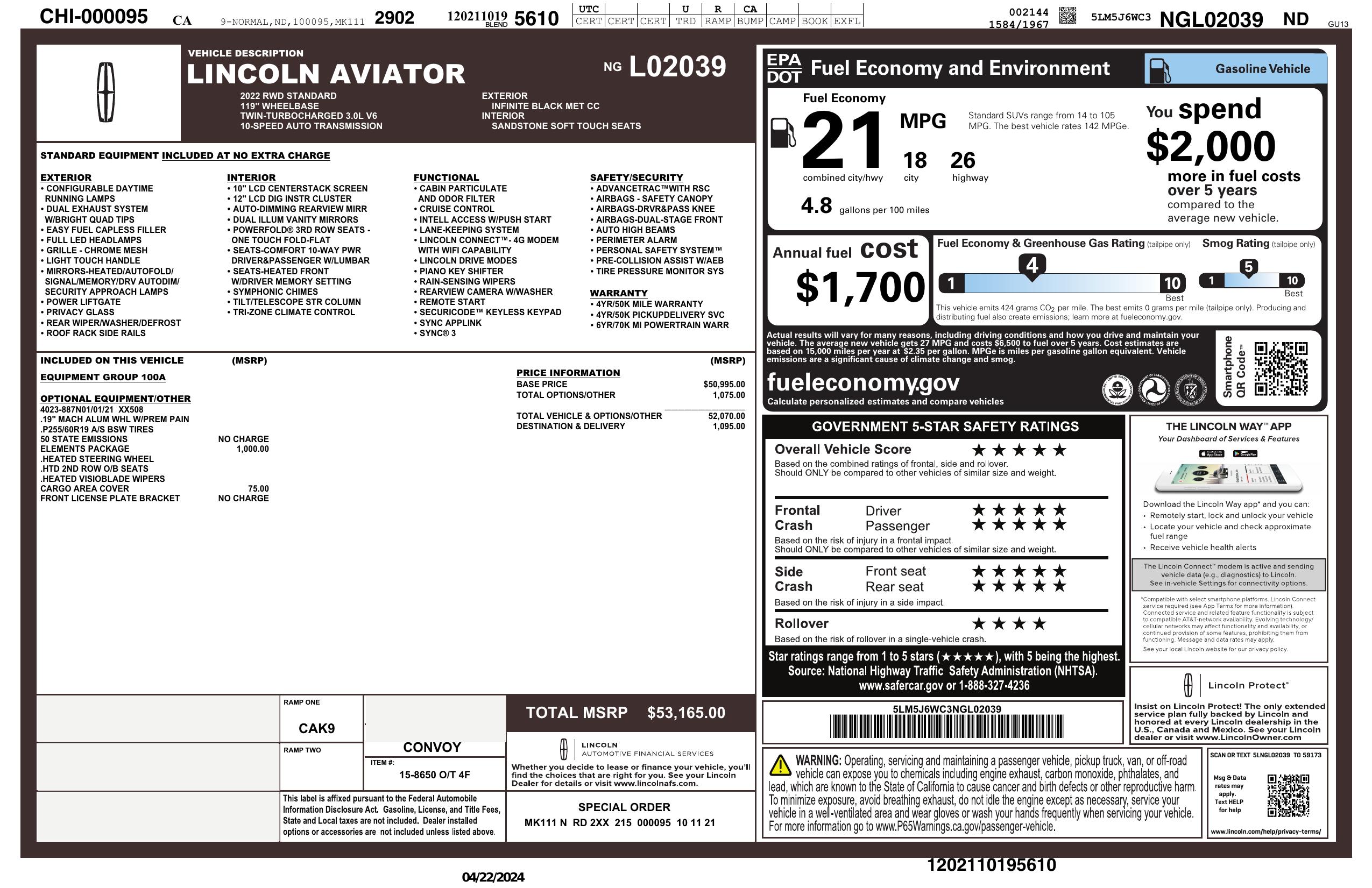Window Sticker for 2022 Lincoln Aviator Standard
