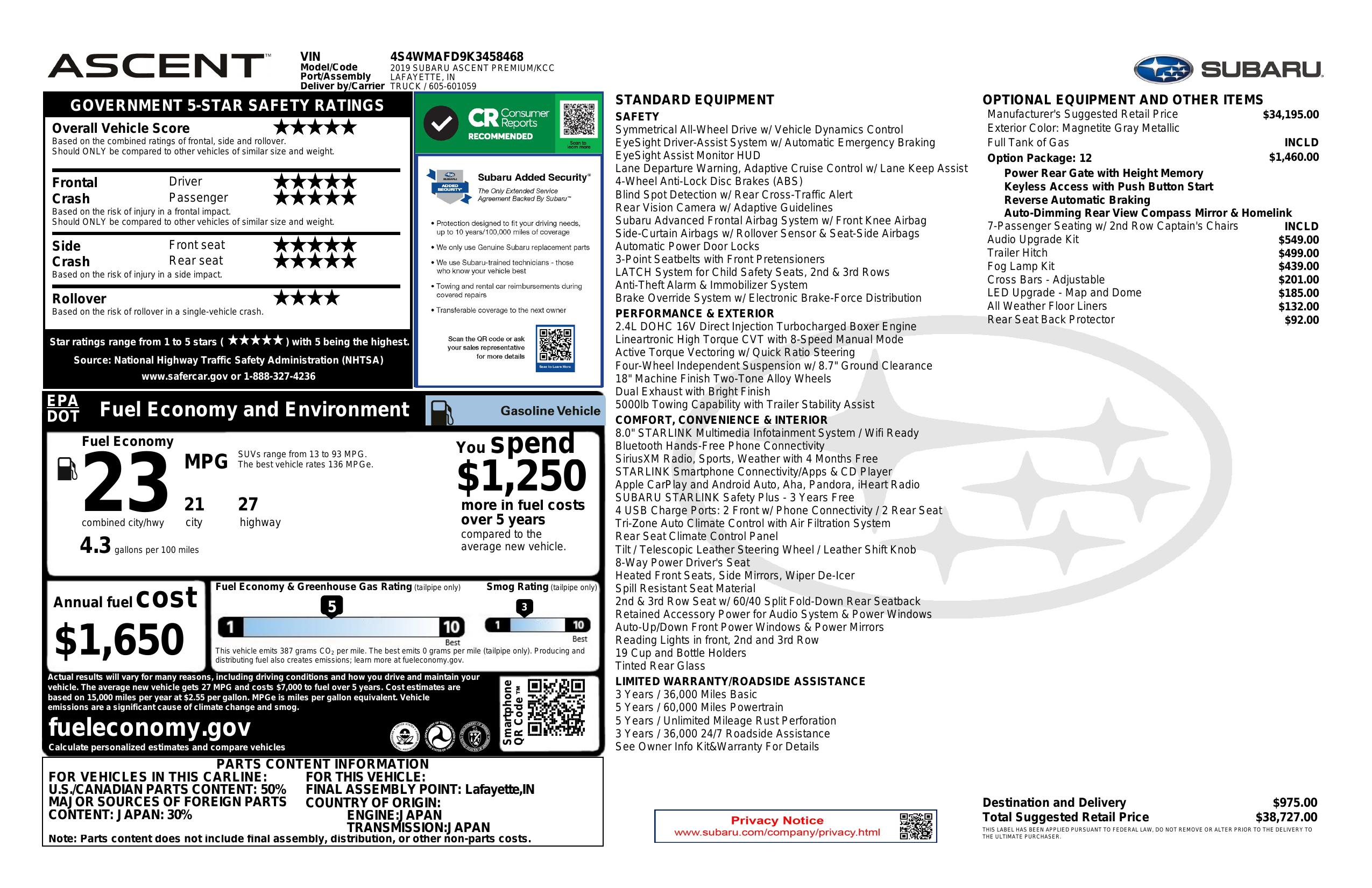 Window Sticker for 2019 Subaru Ascent 2.4 T Premium 7 Passenger