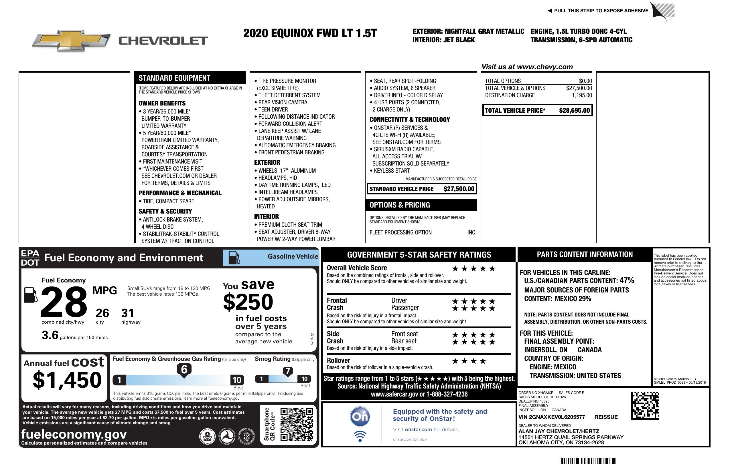 Window Sticker for 2020 Chevrolet Equinox Fwd 4dr Lt W/1 Lt