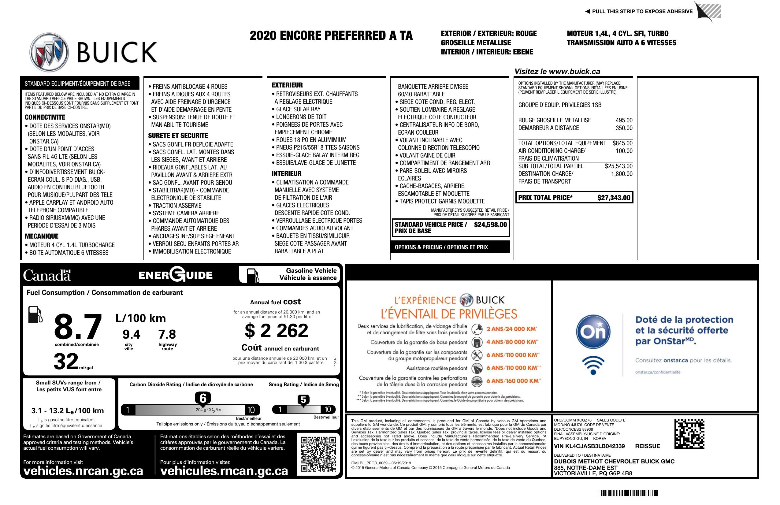 Window Sticker for 2020 Buick Encore Fwd 4dr Preferred