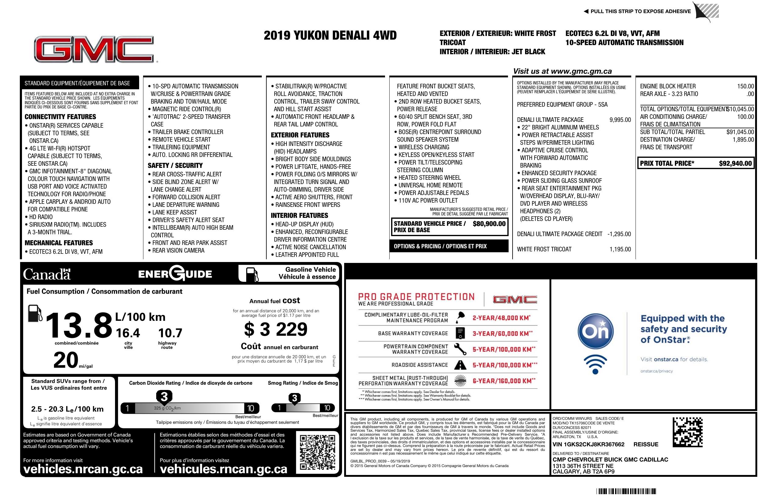 Window Sticker for 2019 GMC Yukon 4 Wd 4dr Denali