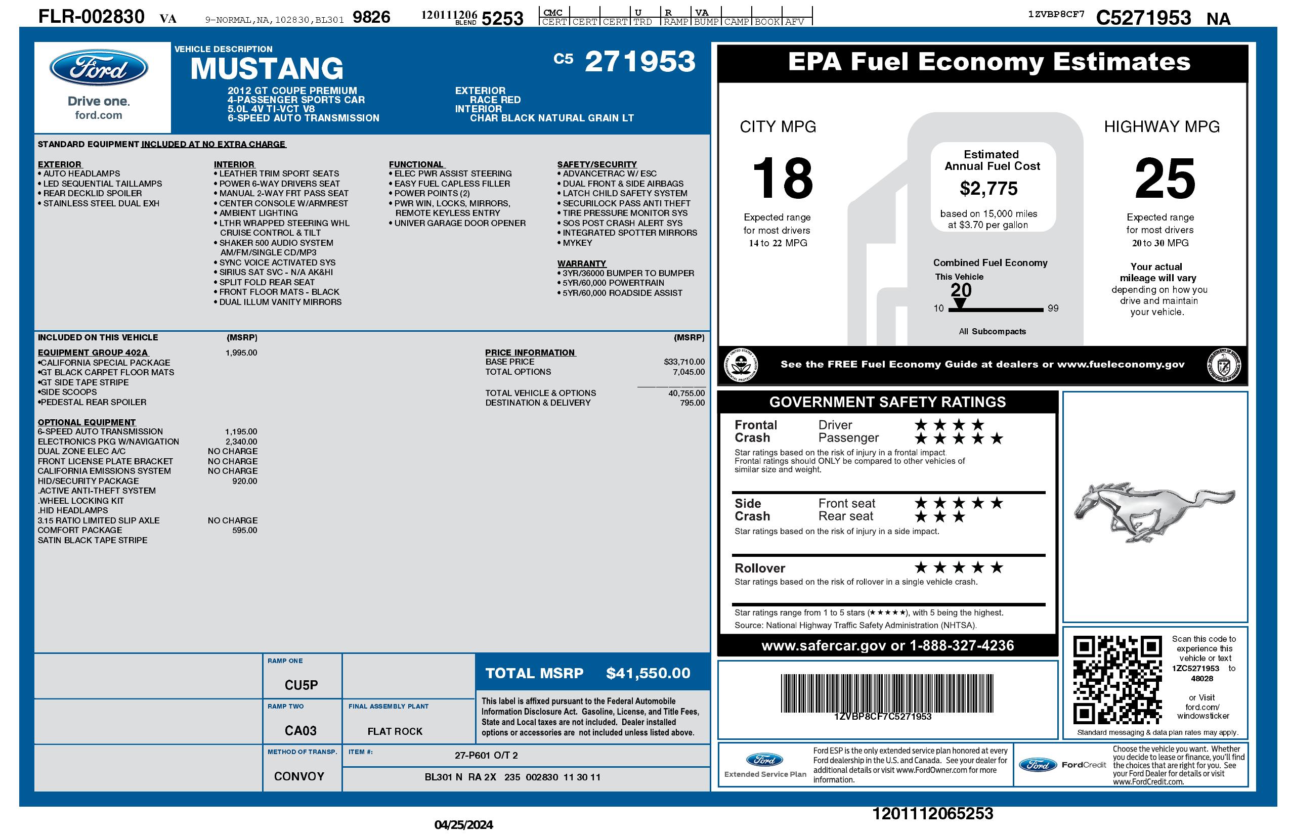Window Sticker for 2012 Ford Mustang 2dr Cpe Gt