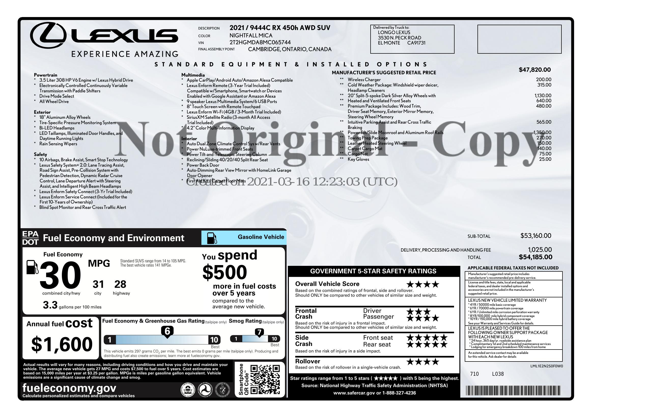 Window Sticker for 2021 Lexus Rx Rx 450h Awd