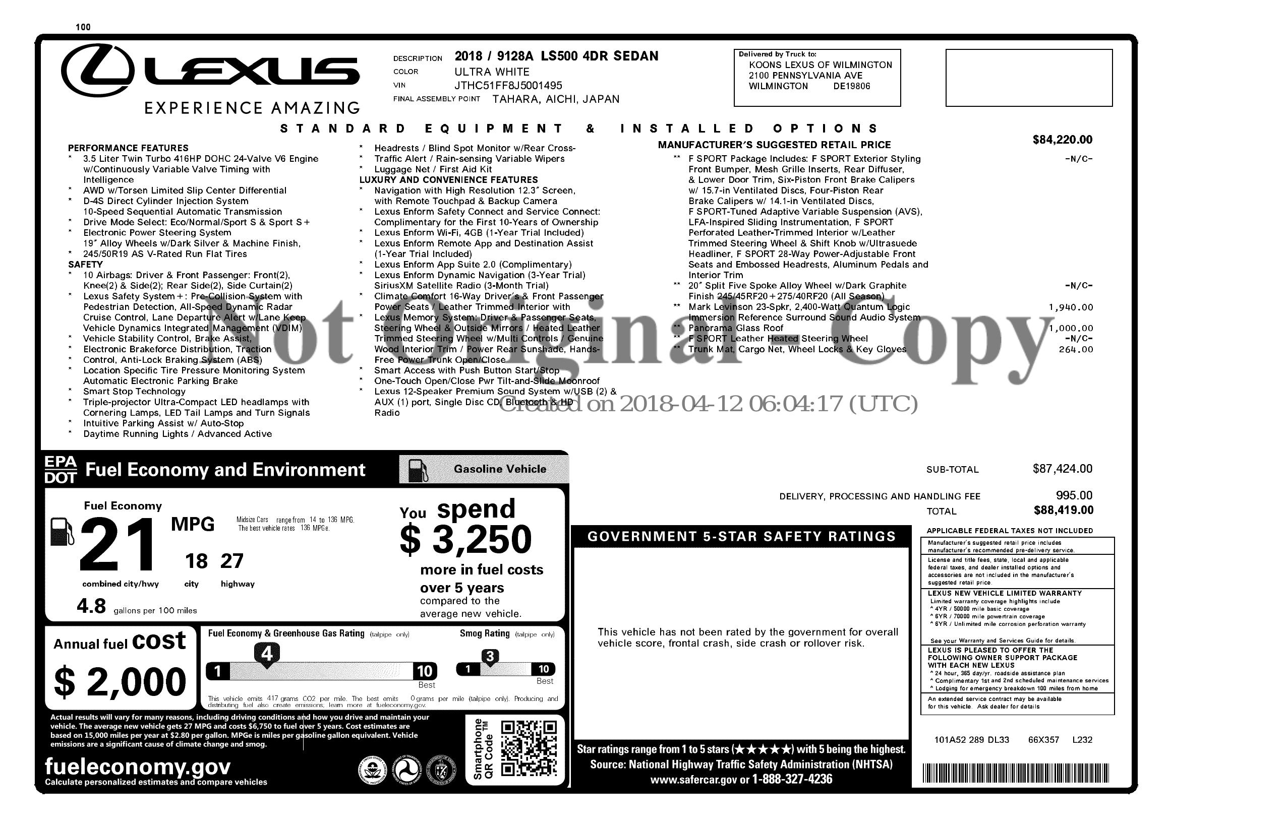 Window Sticker for 2018 Lexus Ls 500 Awd