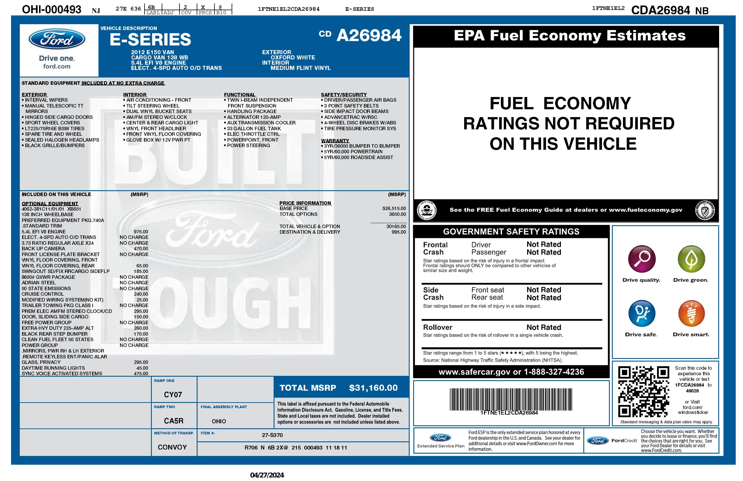 Window Sticker for 2012 Ford Econoline Cargo Van E 150