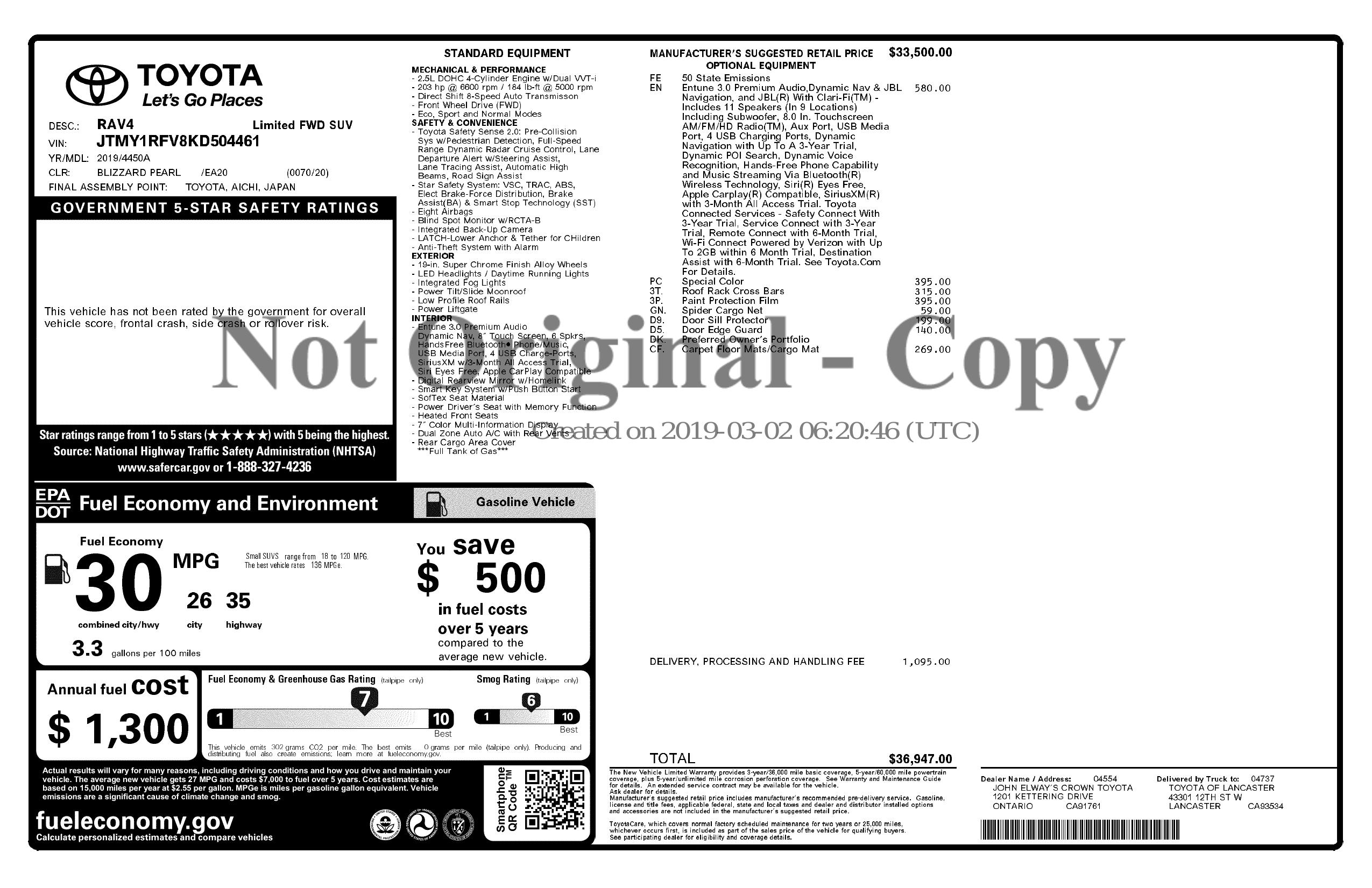Window Sticker for 2019 Toyota Rav4 Limited Fwd (Natl)