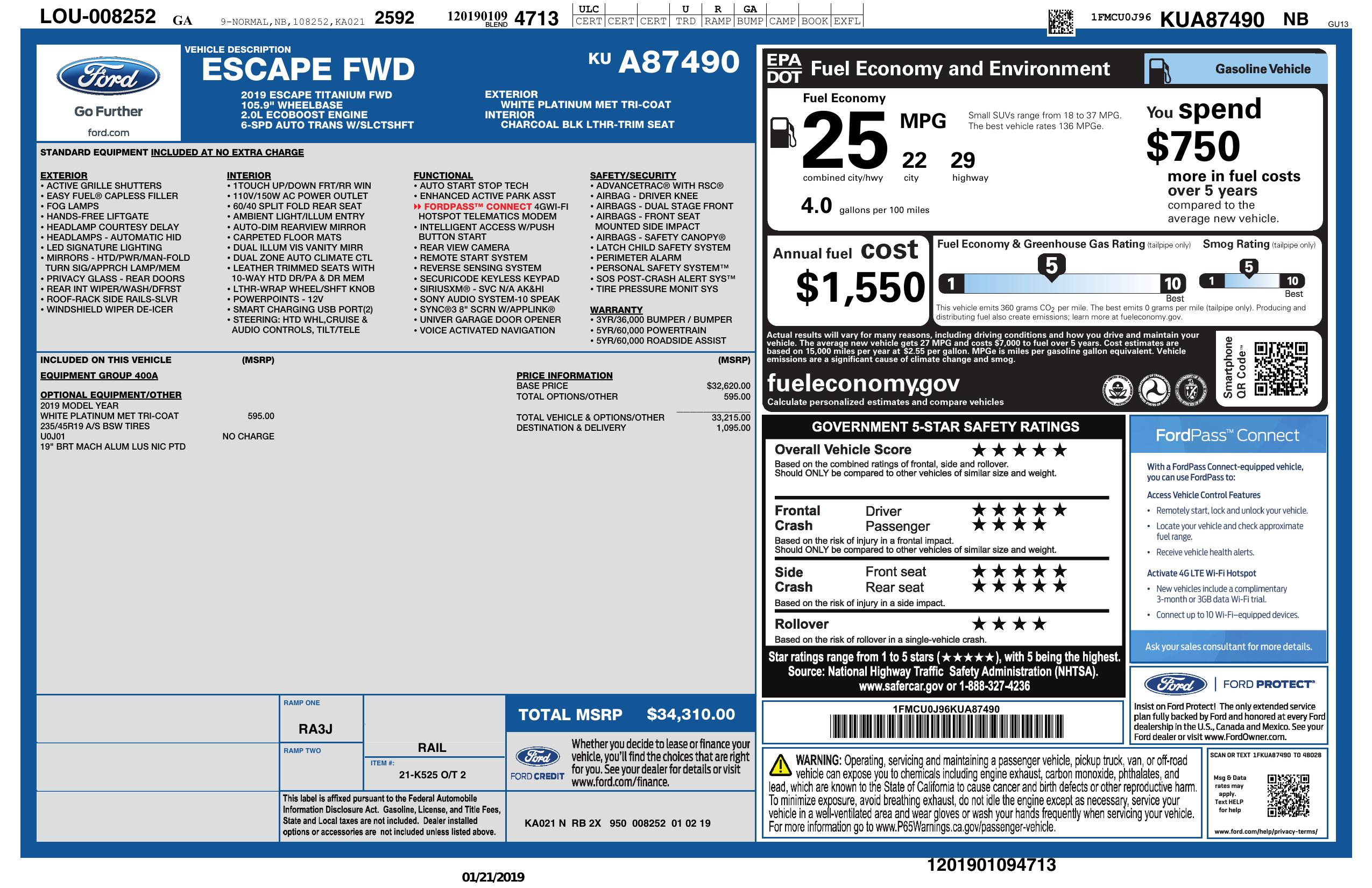 Window Sticker for 2019 Ford Escape Titanium Fwd