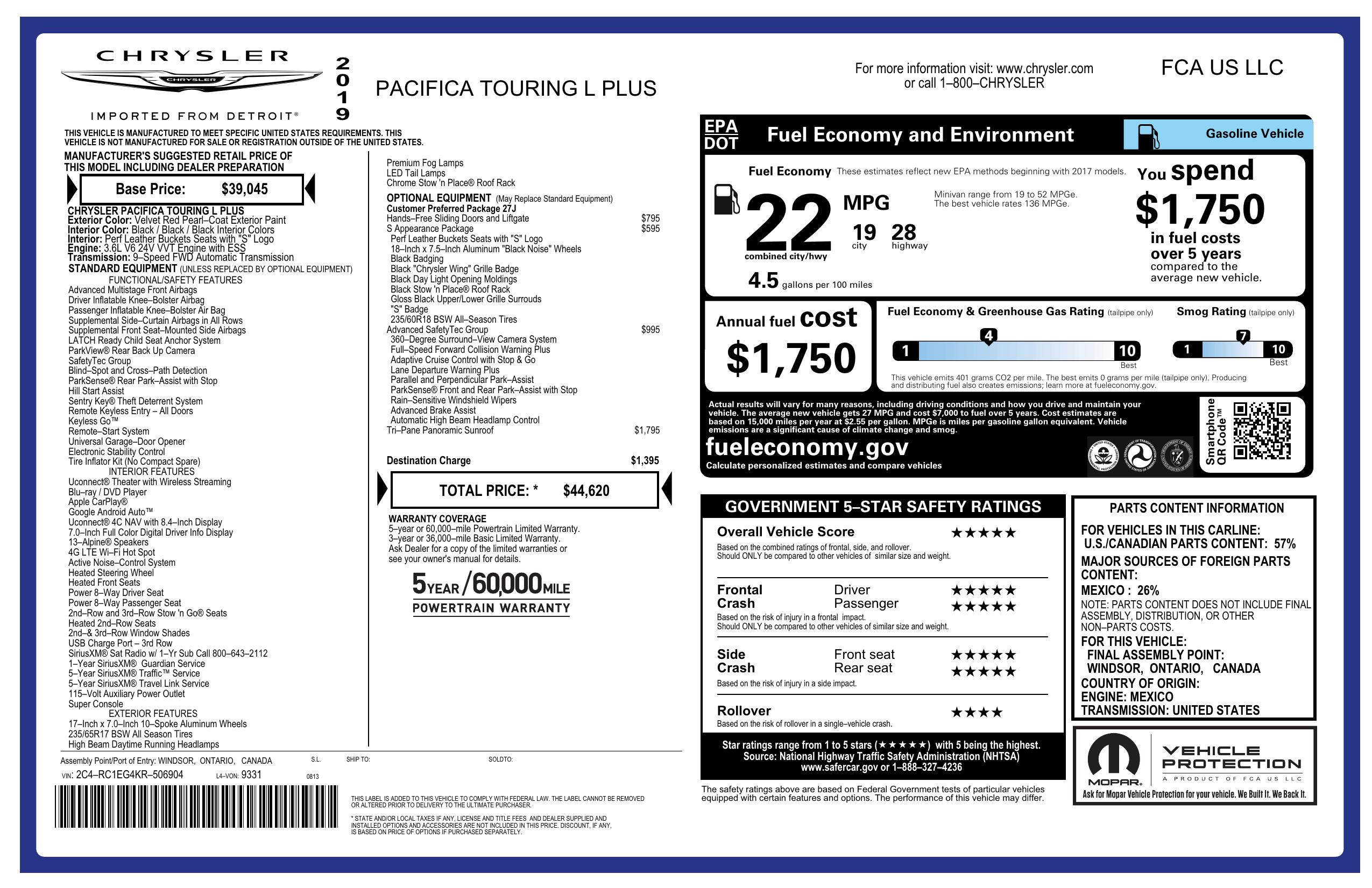 Window Sticker for 2019 Chrysler Pacifica Touring L Plus Fwd