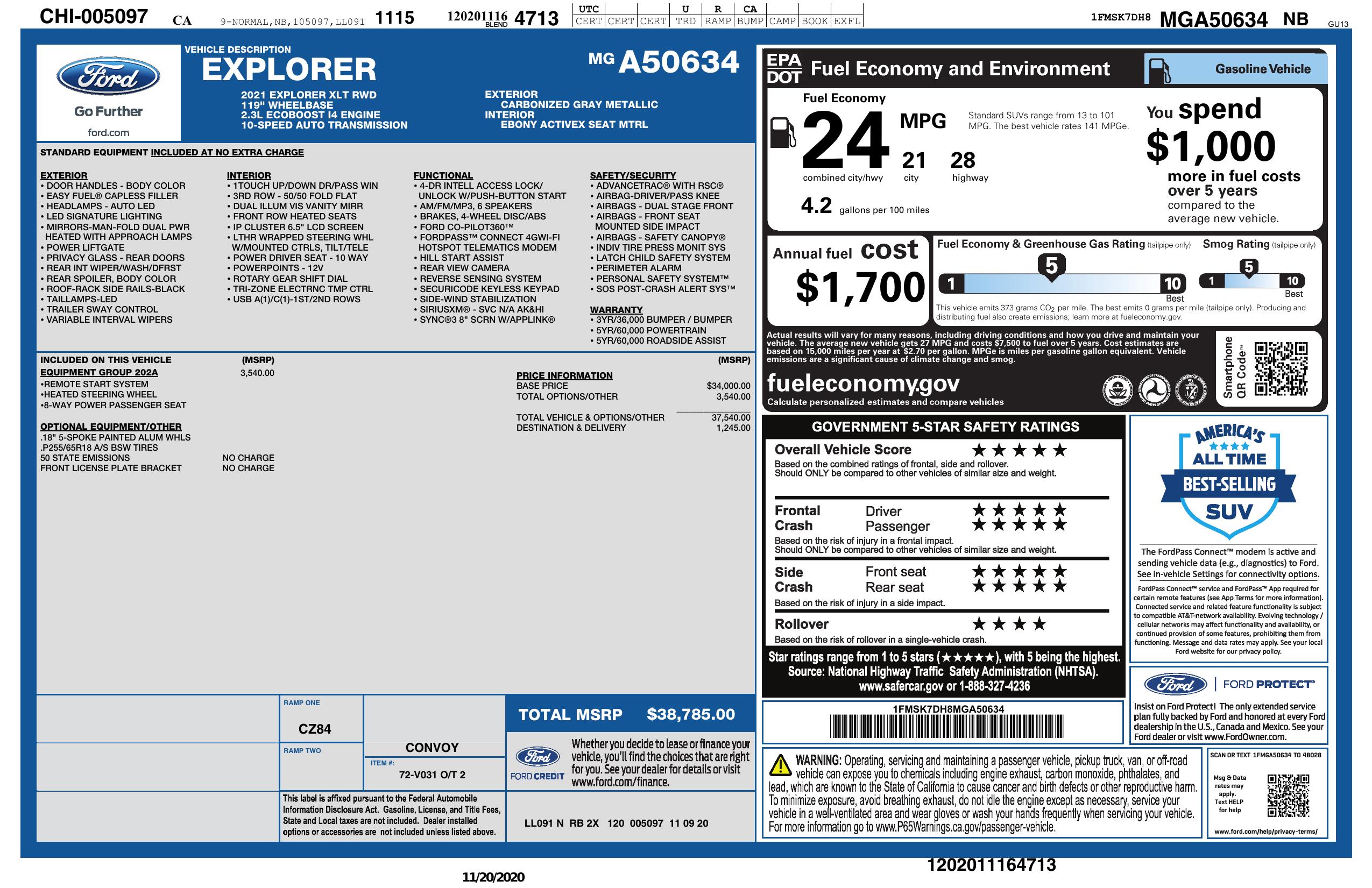 Window Sticker for 2021 Ford Explorer Xlt Rwd
