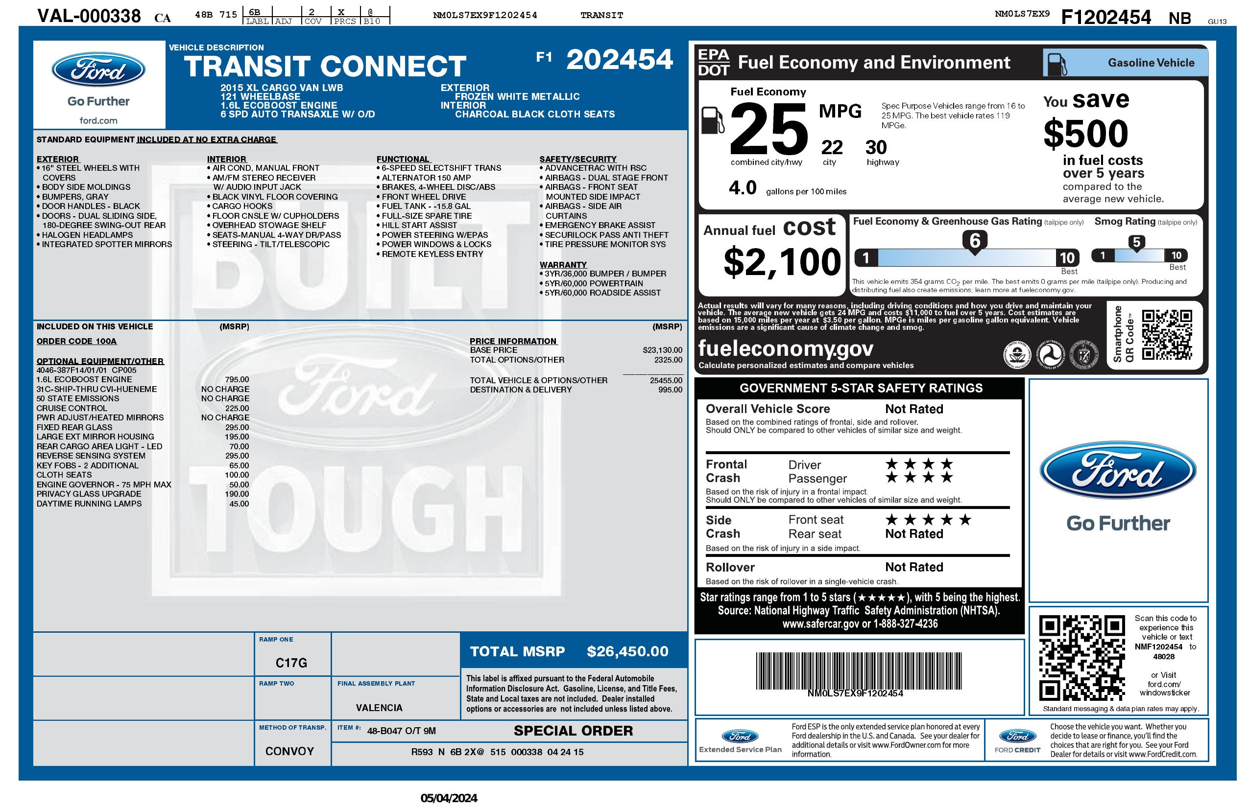 Window Sticker for 2015 Ford Transit Connect Lwb Xl