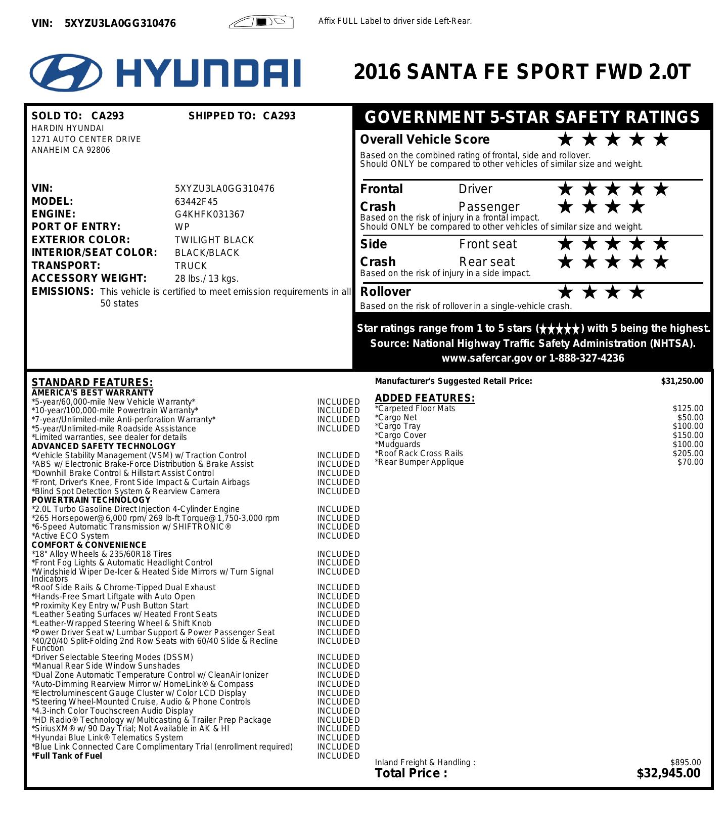 Window Sticker for 2016 Hyundai Santa Fe Sport Fwd 4dr 2.0 T