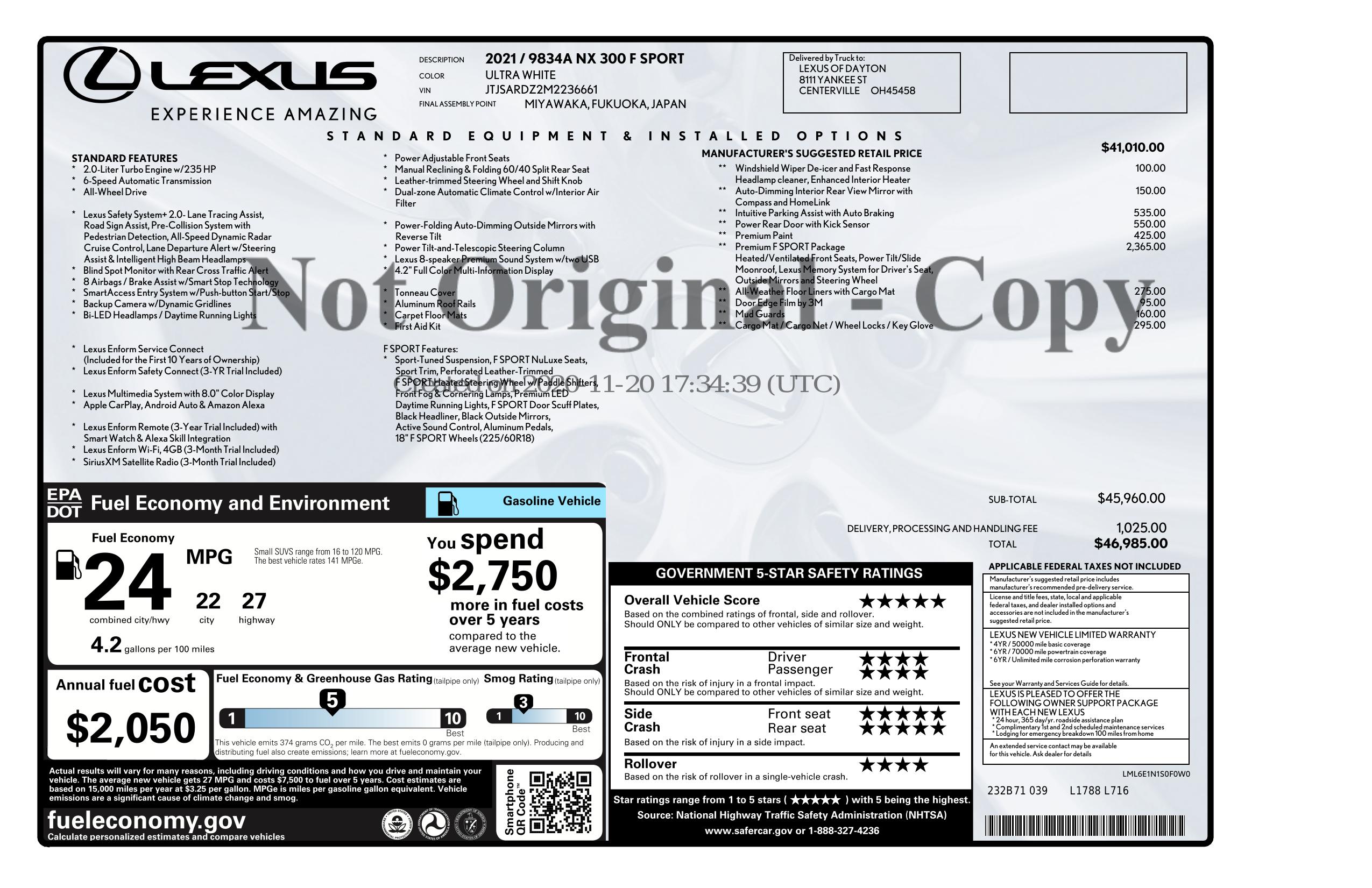 Window Sticker for 2021 Lexus Nx Nx 300 F Sport Awd