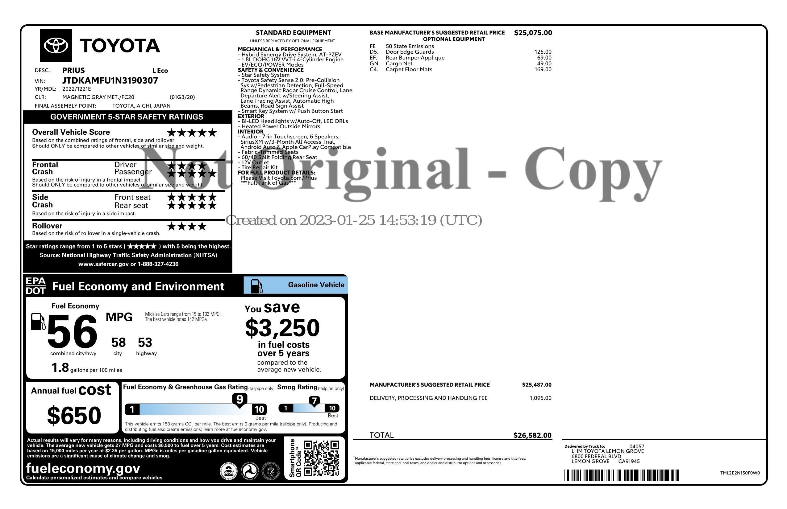 Window Sticker for 2022 Toyota Prius (Natl)