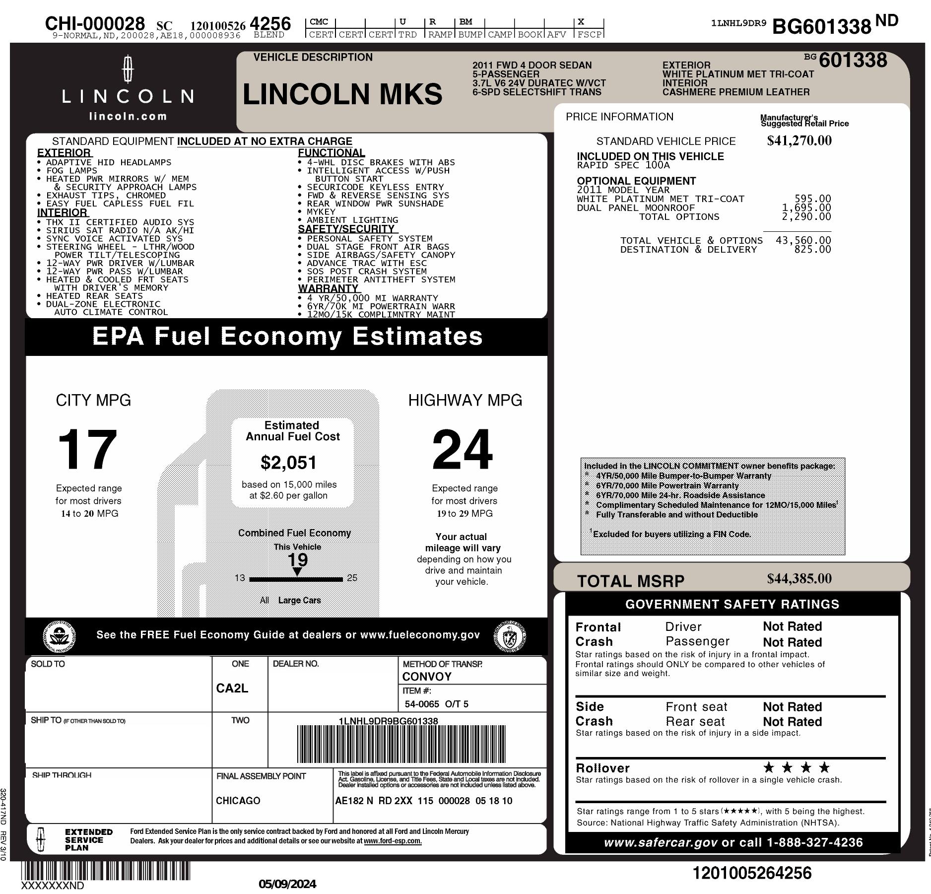 Window Sticker for 2011 Lincoln Mks 4dr Sdn 3.7 L Fwd