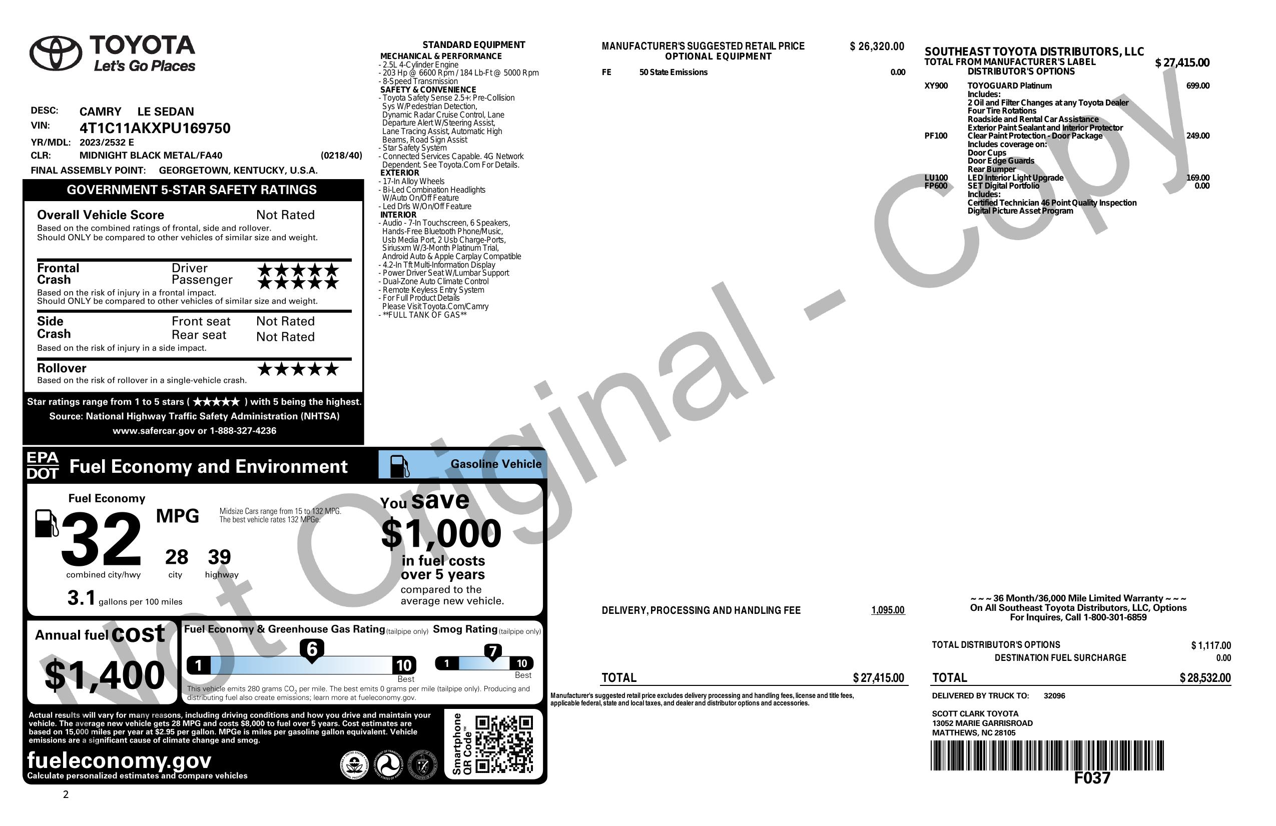 Window Sticker for 2023 Toyota Camry Le Auto (Natl)