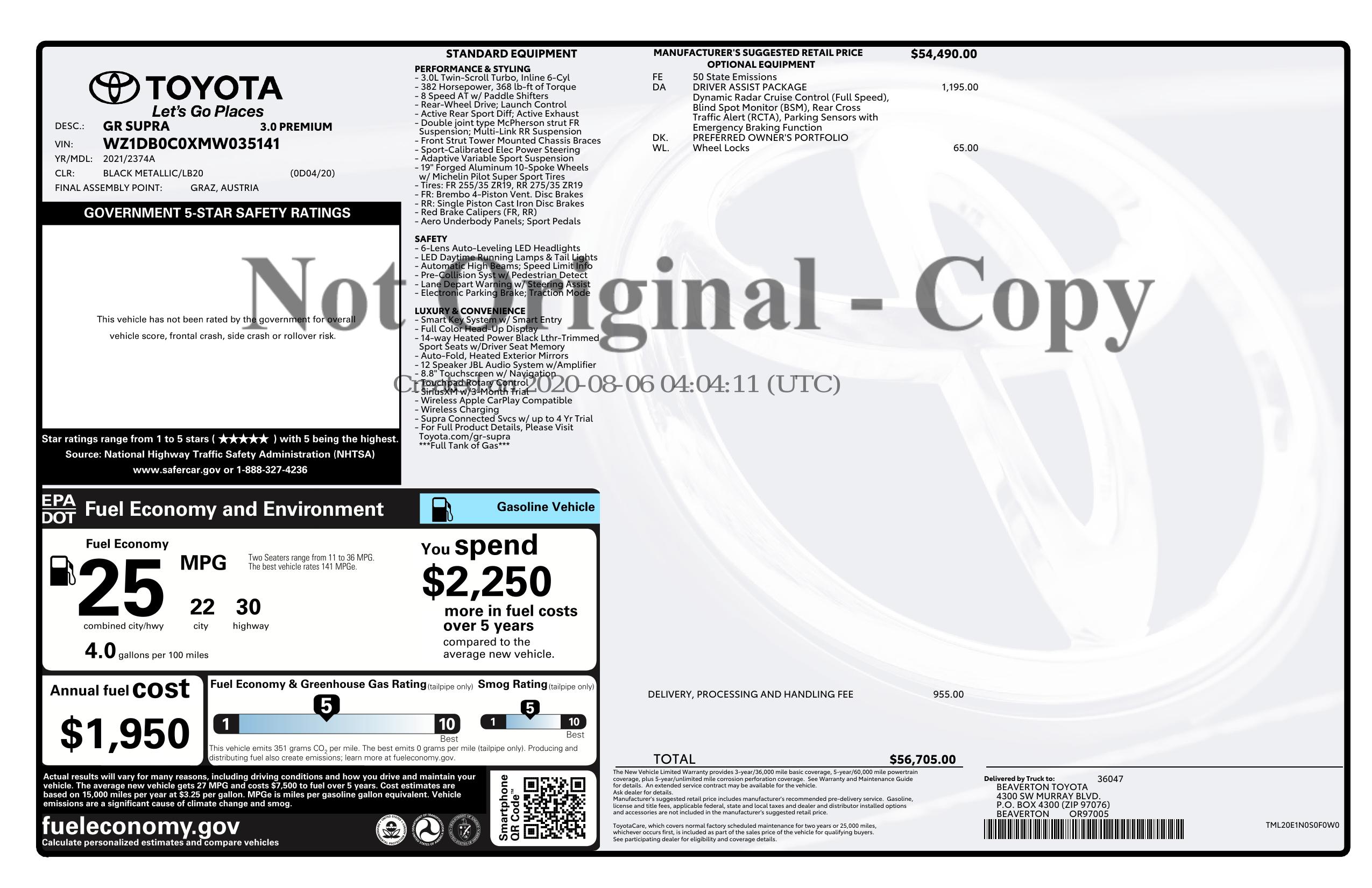 Window Sticker for 2021 Toyota Gr Supra Auto (Natl)