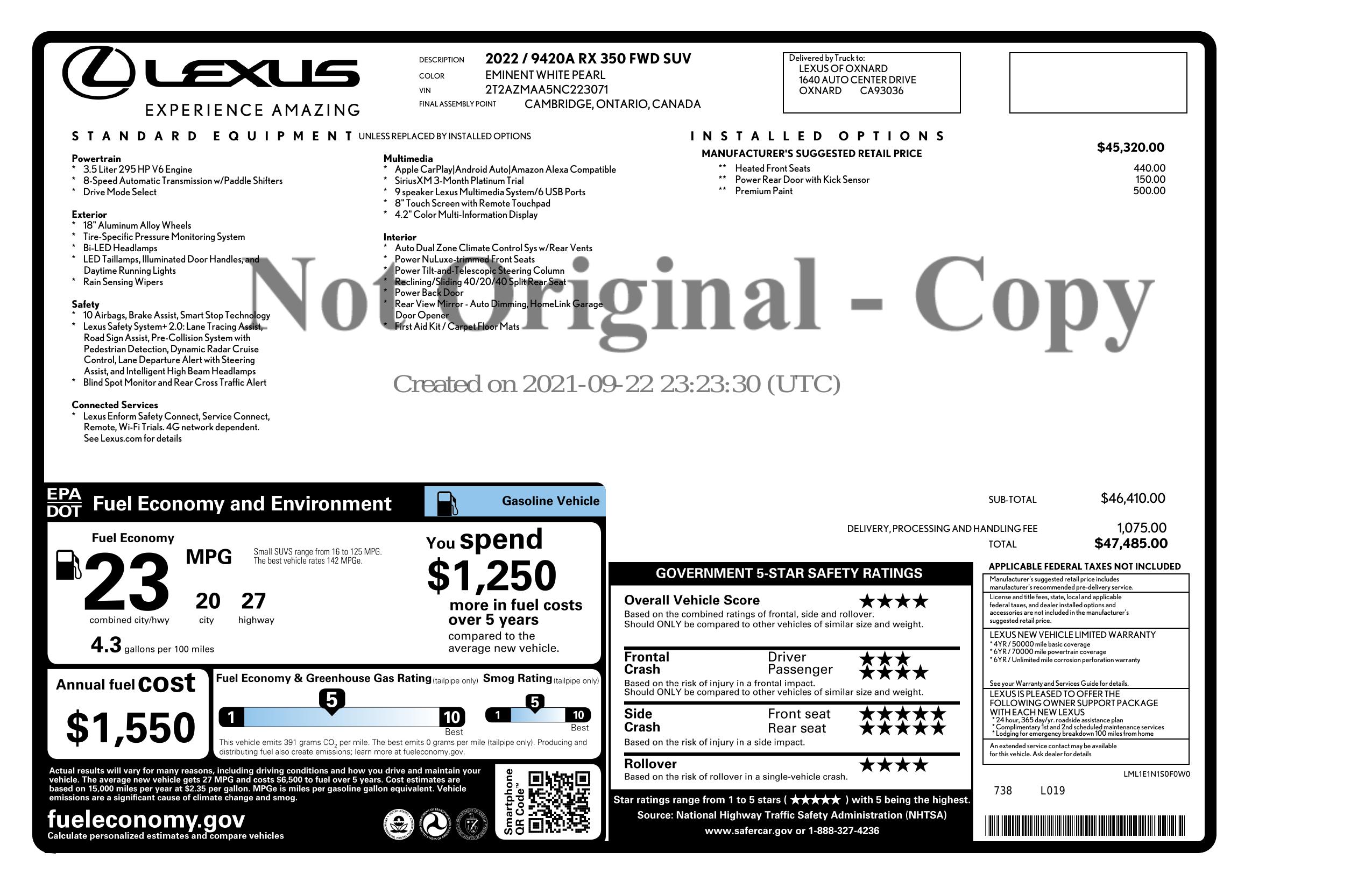 Window Sticker for 2022 Lexus Rx Rx 350 Fwd