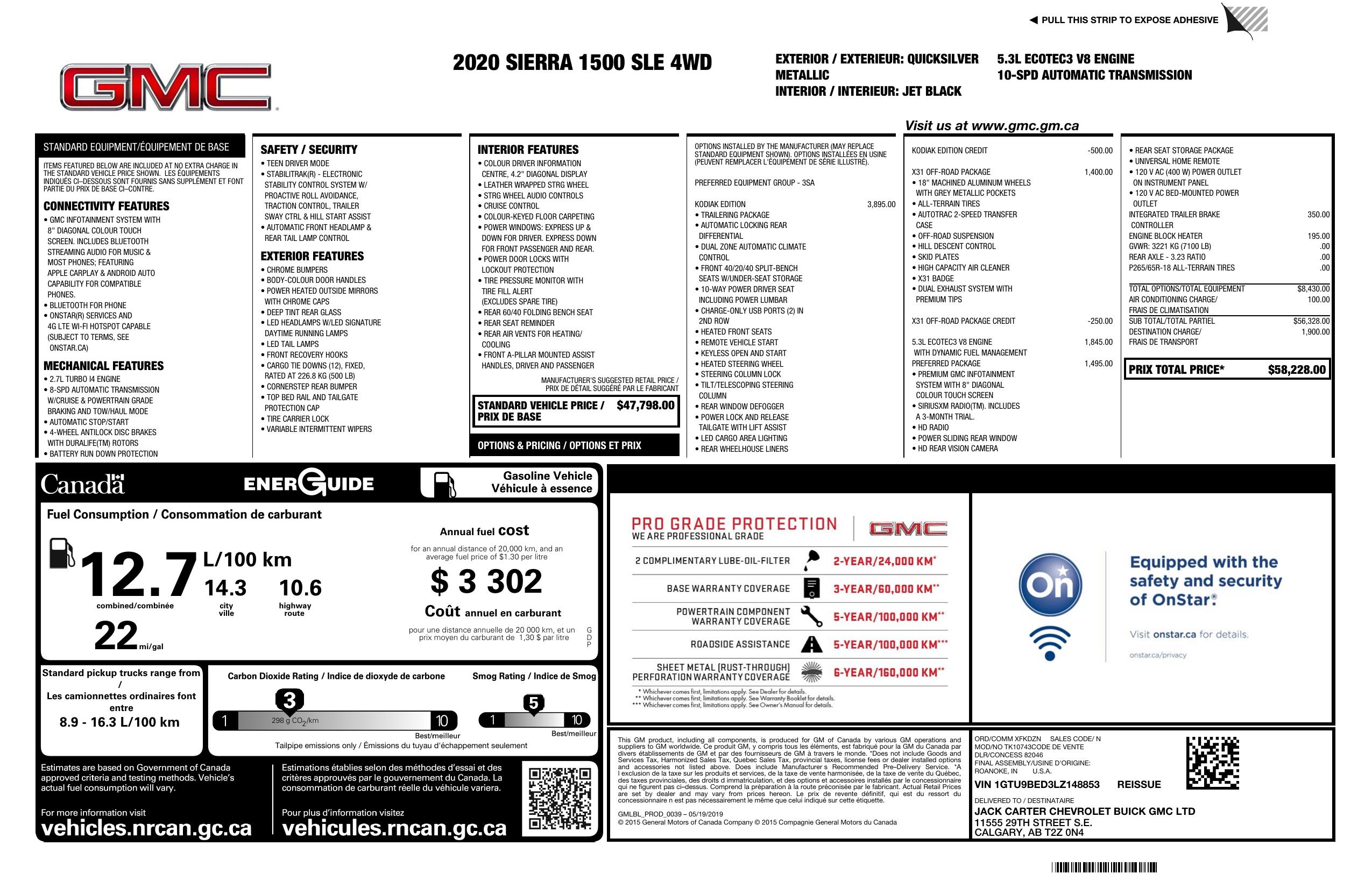 Window Sticker for 2020 GMC Sierra 1500 4 Wd Crew Cab Sle