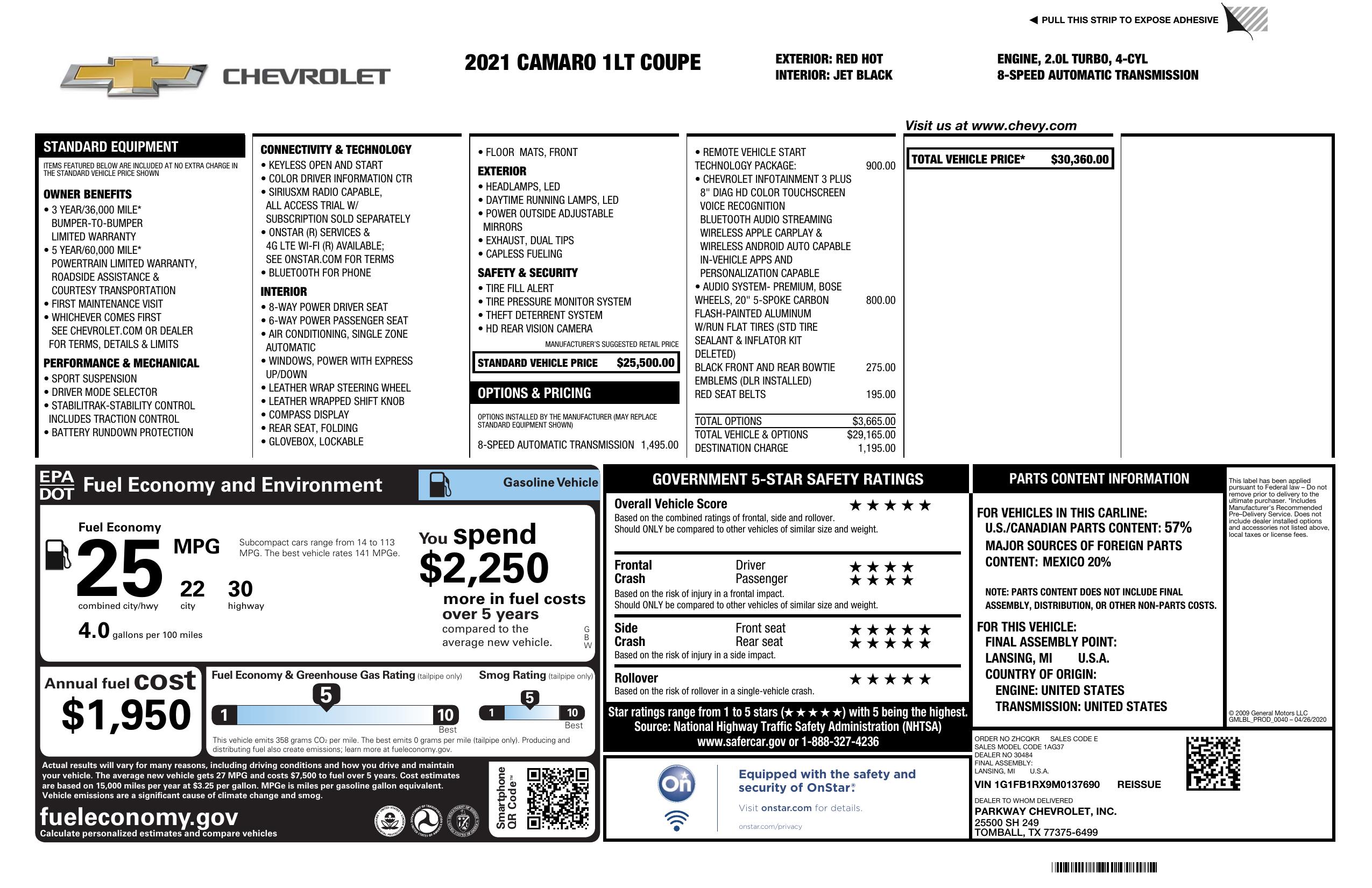 Window Sticker for 2021 Chevrolet Camaro 2dr Cpe 1 Lt