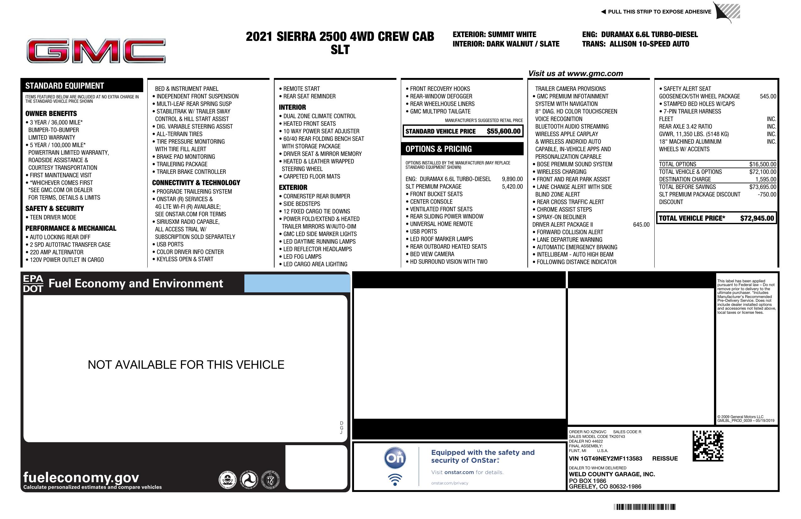 Window Sticker for 2021 GMC Sierra 2500 Hd 4 Wd Crew Cab 159" Slt