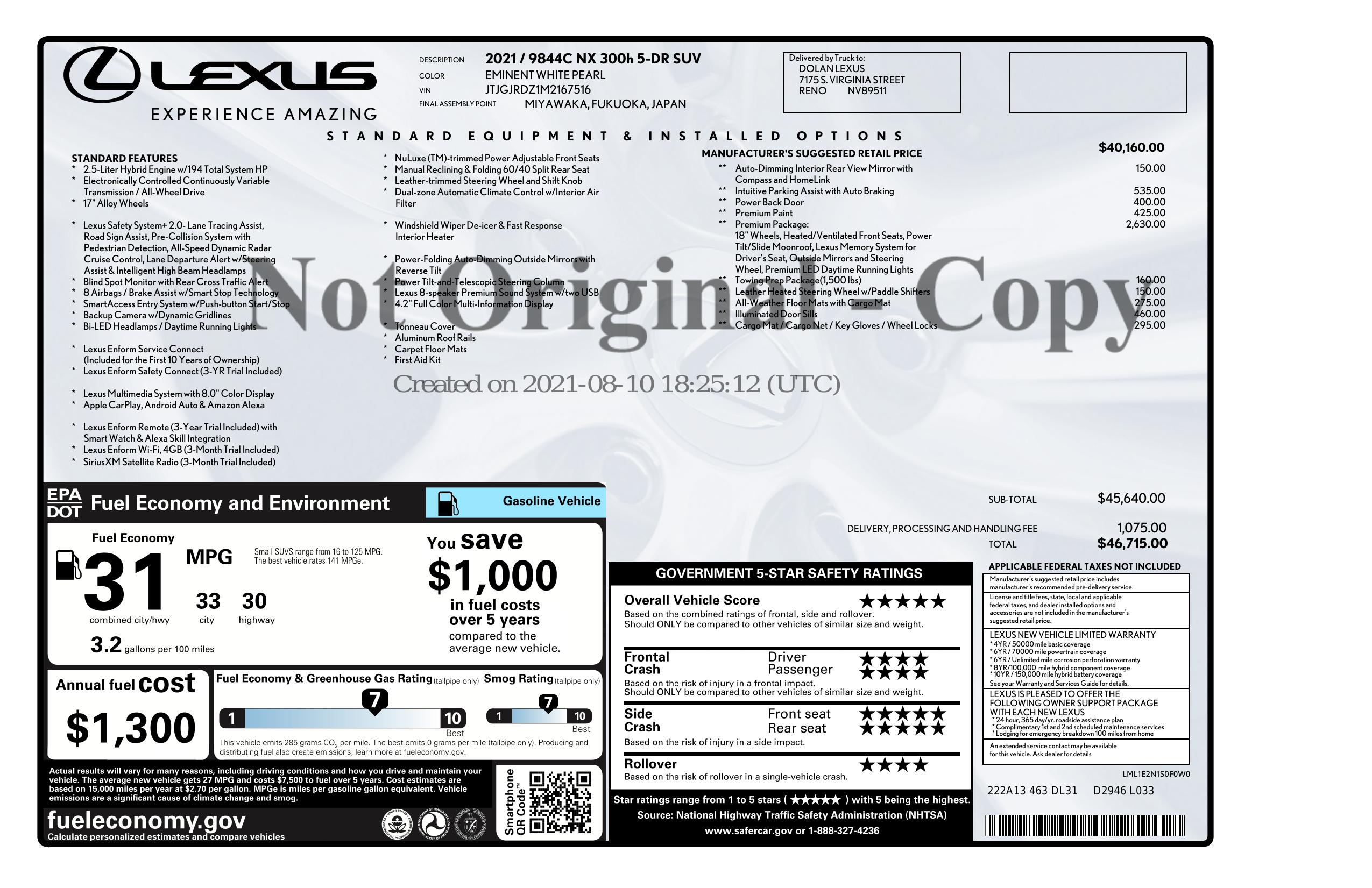 Window Sticker for 2021 Lexus Nx Nx 300h Awd