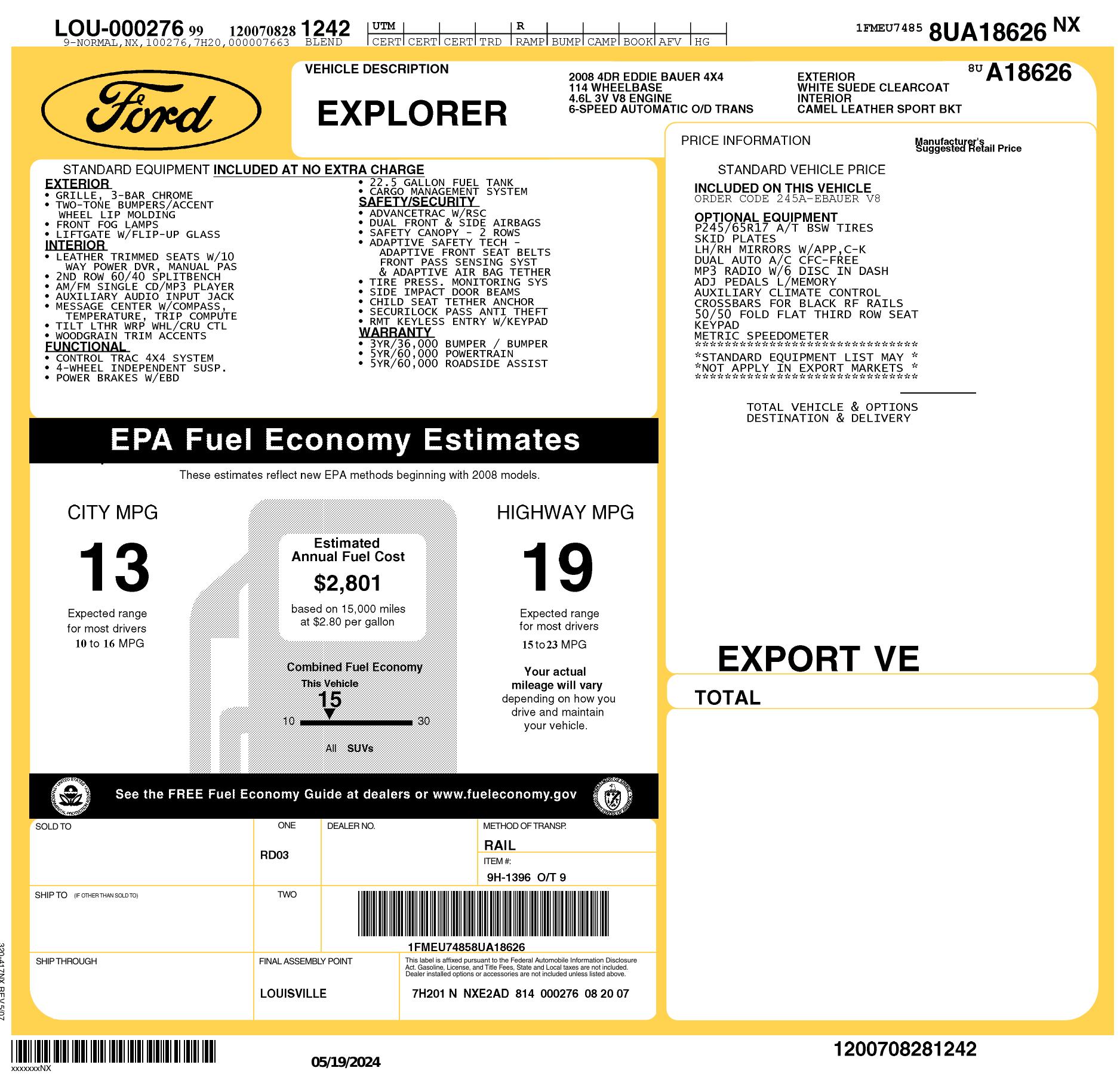 Window Sticker for 2008 Ford Explorer 4 Wd 4dr V8 Eddie Bauer