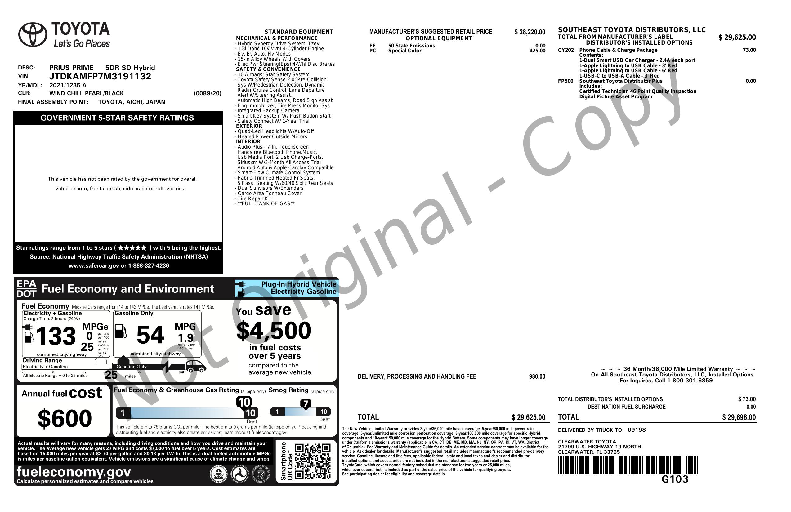 Window Sticker for 2021 Toyota Prius Prime (Natl)