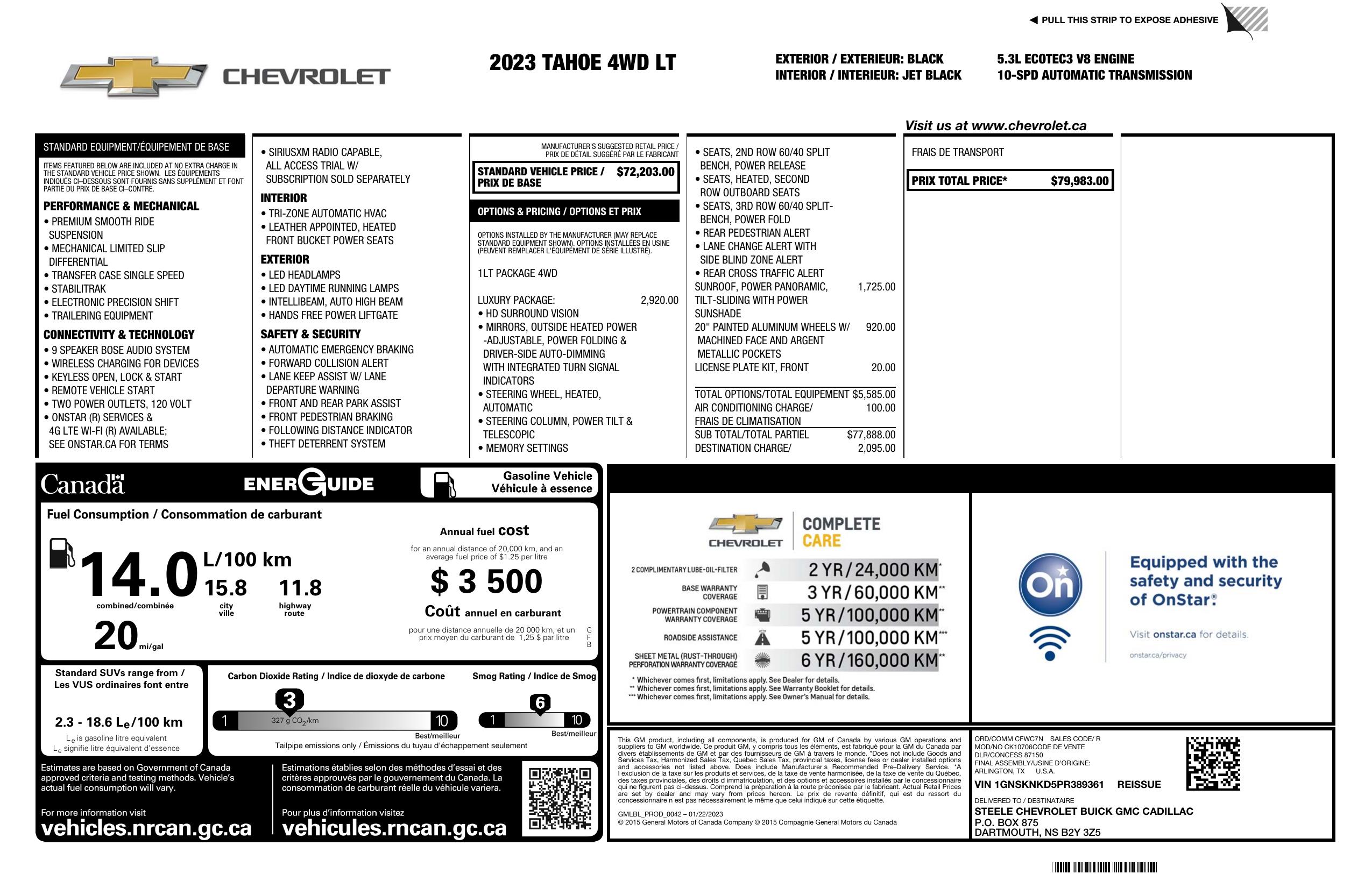 Window Sticker for 2023 Chevrolet Tahoe 4 Wd 4dr Lt