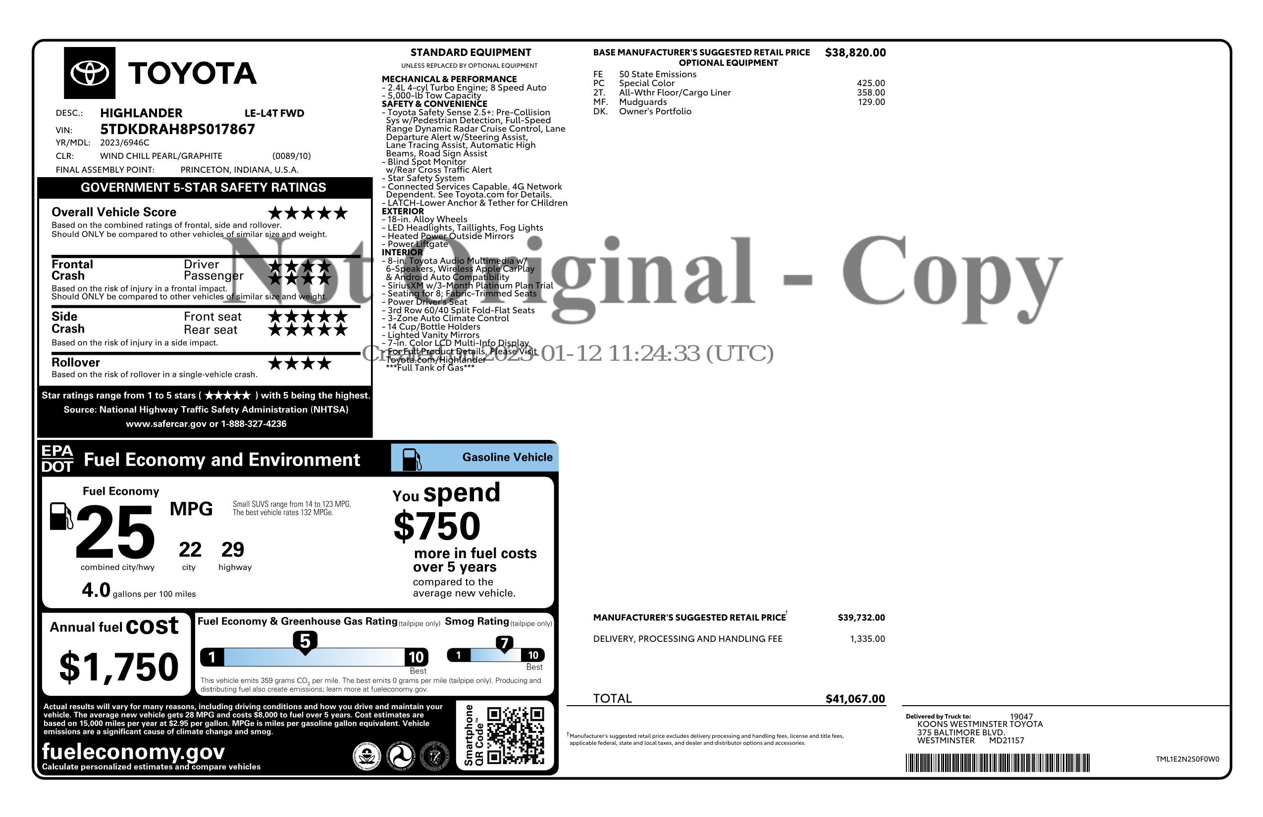Window Sticker for 2023 Toyota Highlander Fwd (Natl)