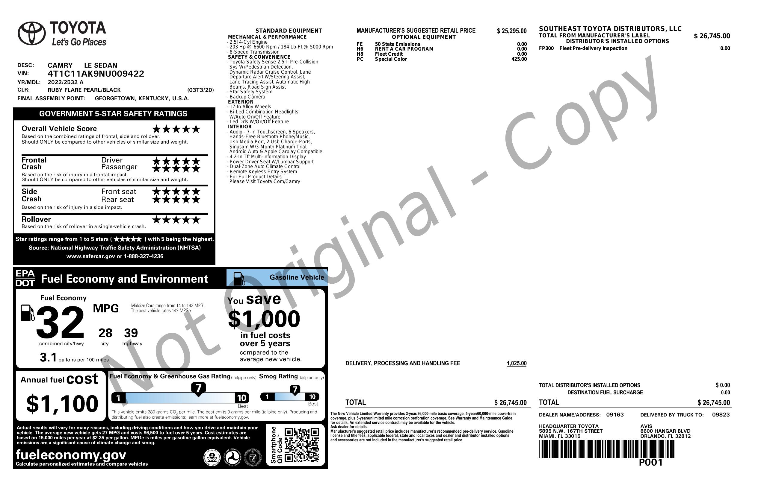 Window Sticker for 2022 Toyota Camry Le