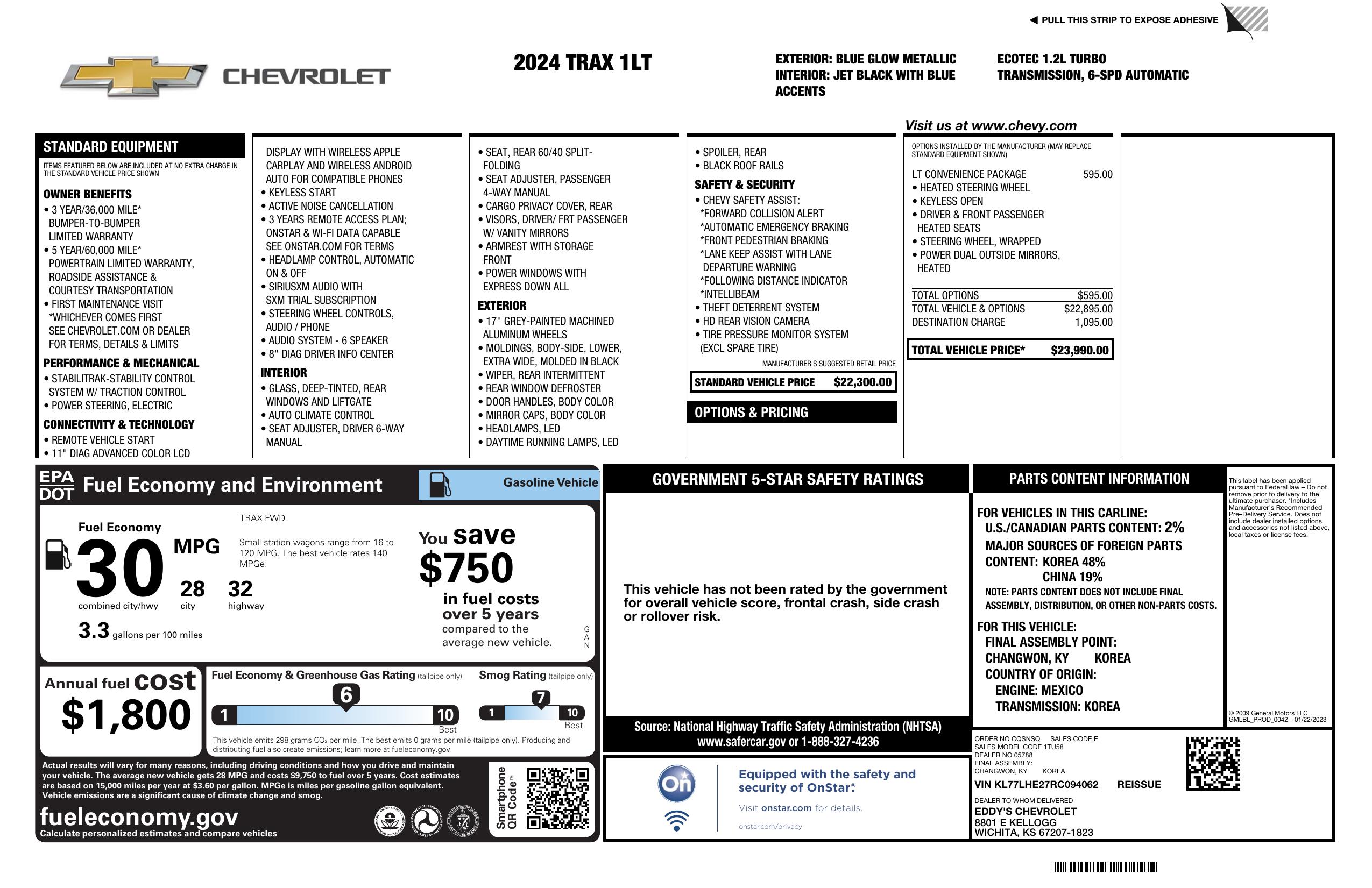 Window Sticker for 2024 Chevrolet Trax Fwd 4dr Lt