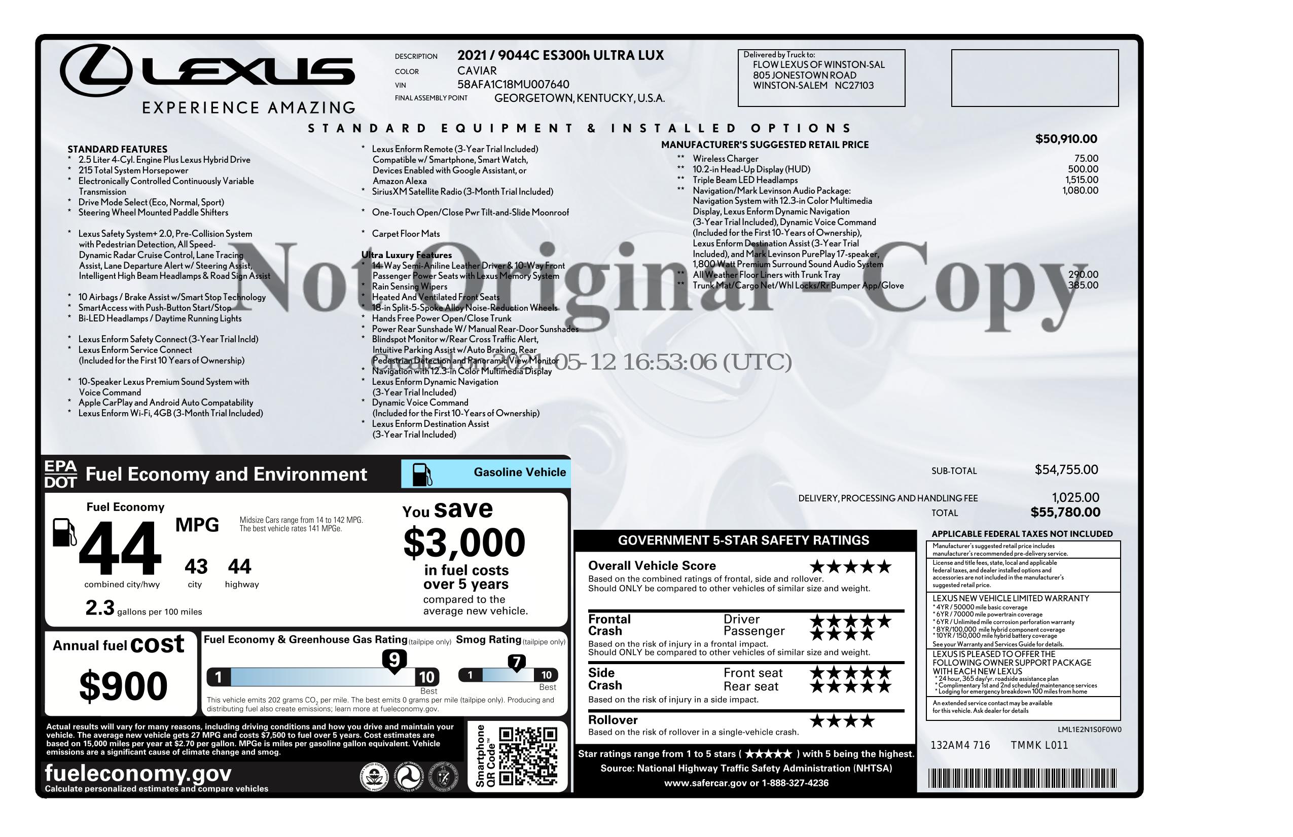 Window Sticker for 2021 Lexus Es Es 300h Ultra Luxury Fwd