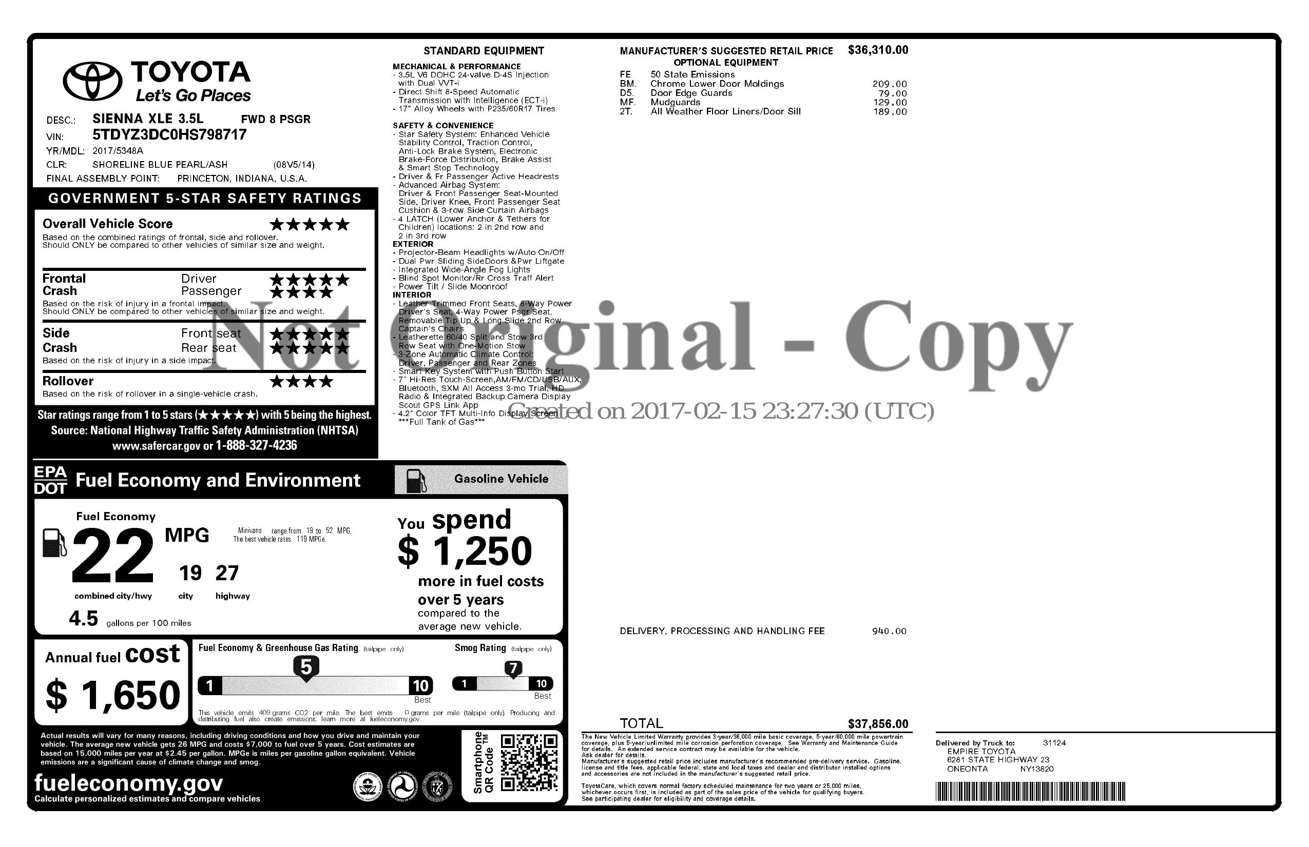 Window Sticker for 2017 Toyota Sienna Fwd (Natl)