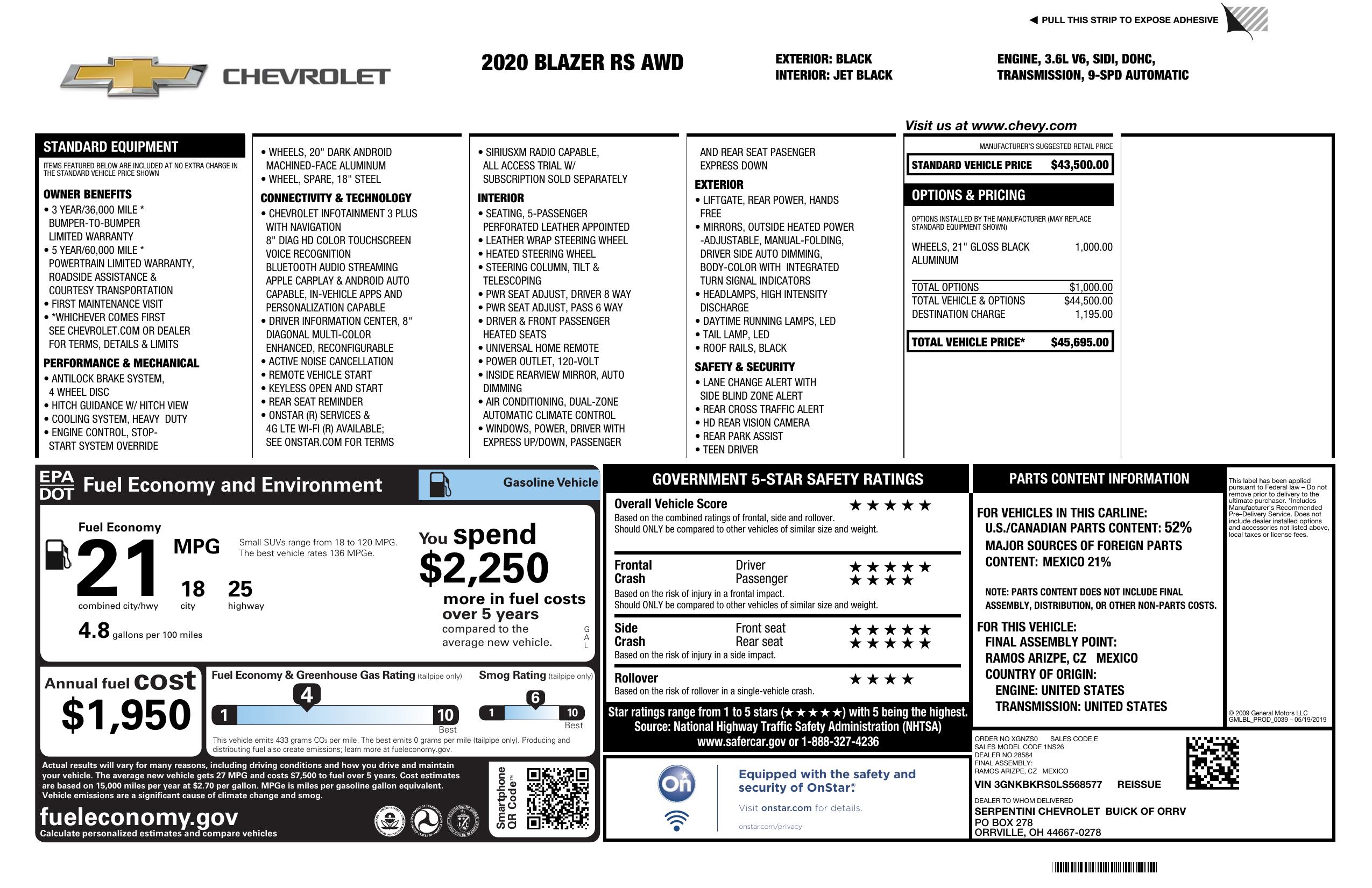 Window Sticker for 2020 Chevrolet Blazer Awd 4dr Rs
